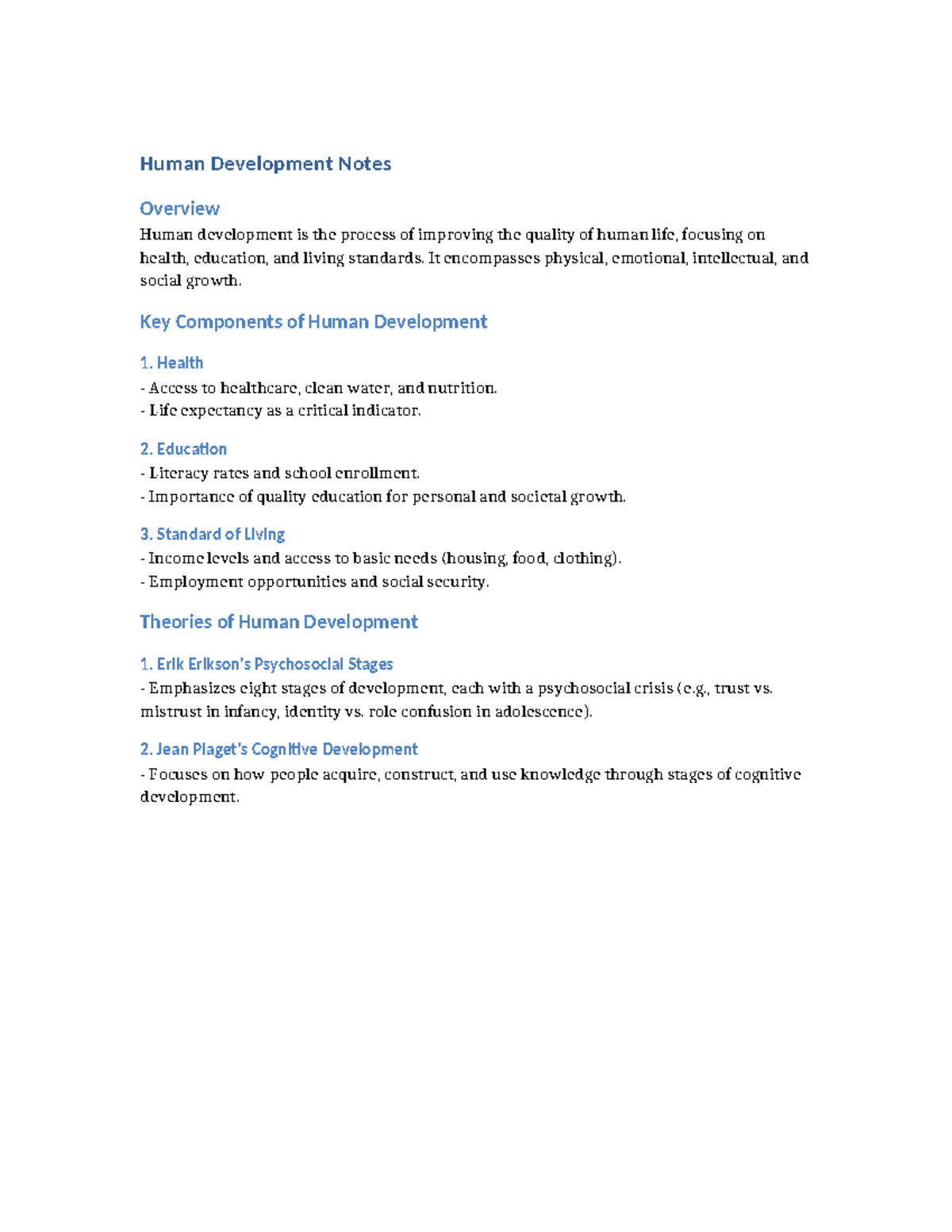 Human Development Notes: Key Concepts and Theories Overview - Studocu