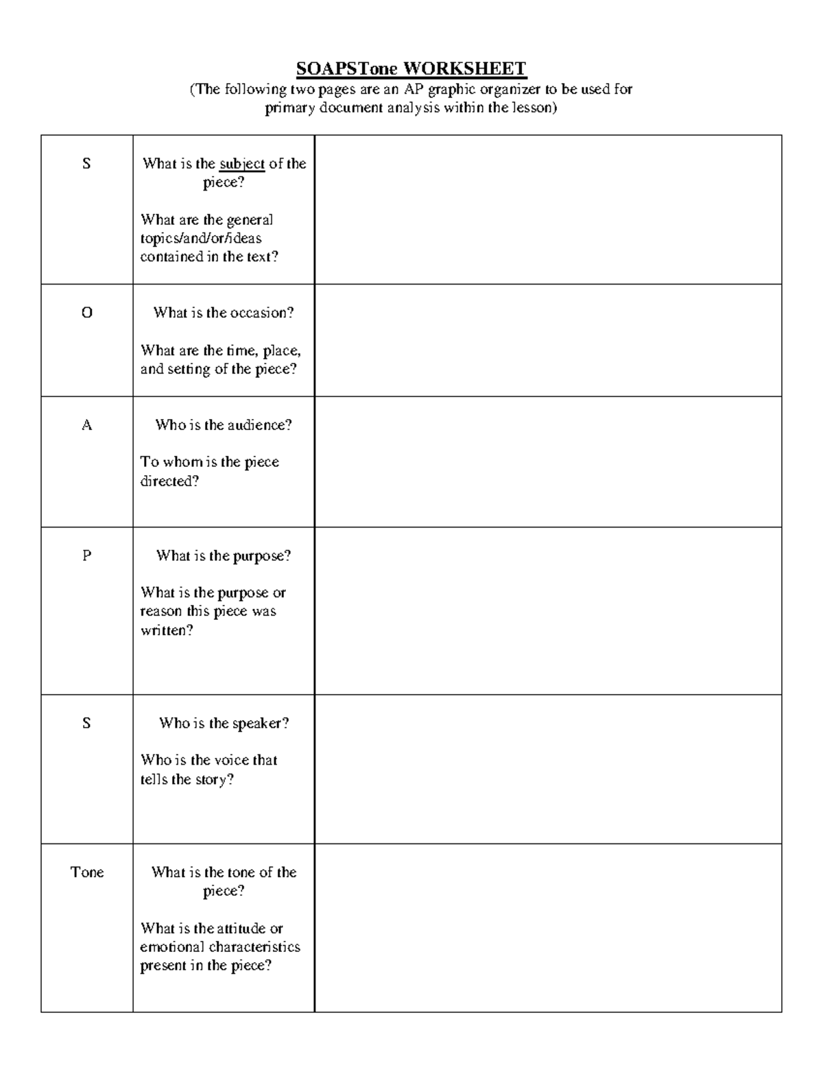 AP SOAPSTone Analysis Worksheet for Document Study - Studocu