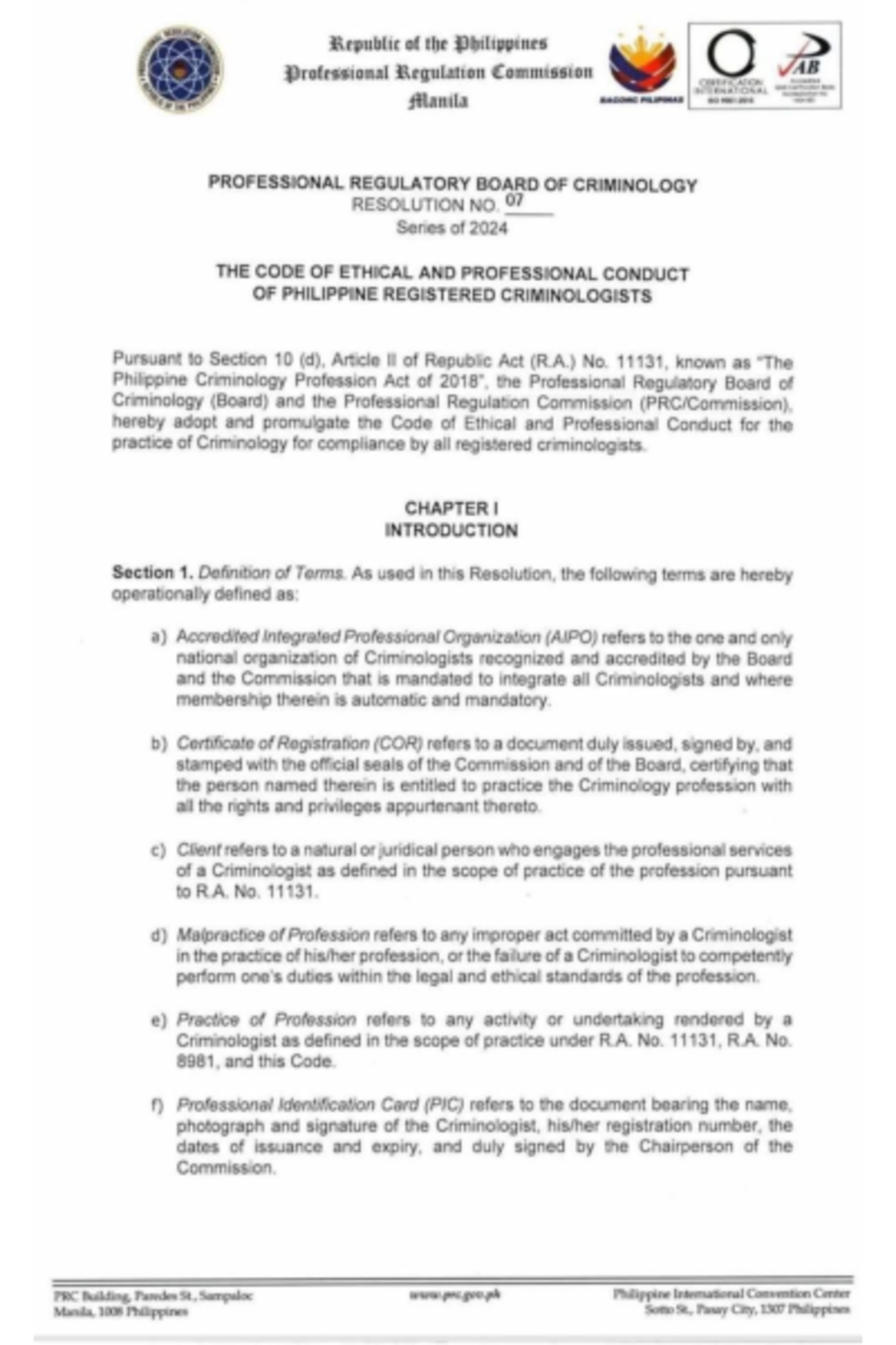 New Code of Ethics for Registered Criminologists (RA 11131) - Studocu