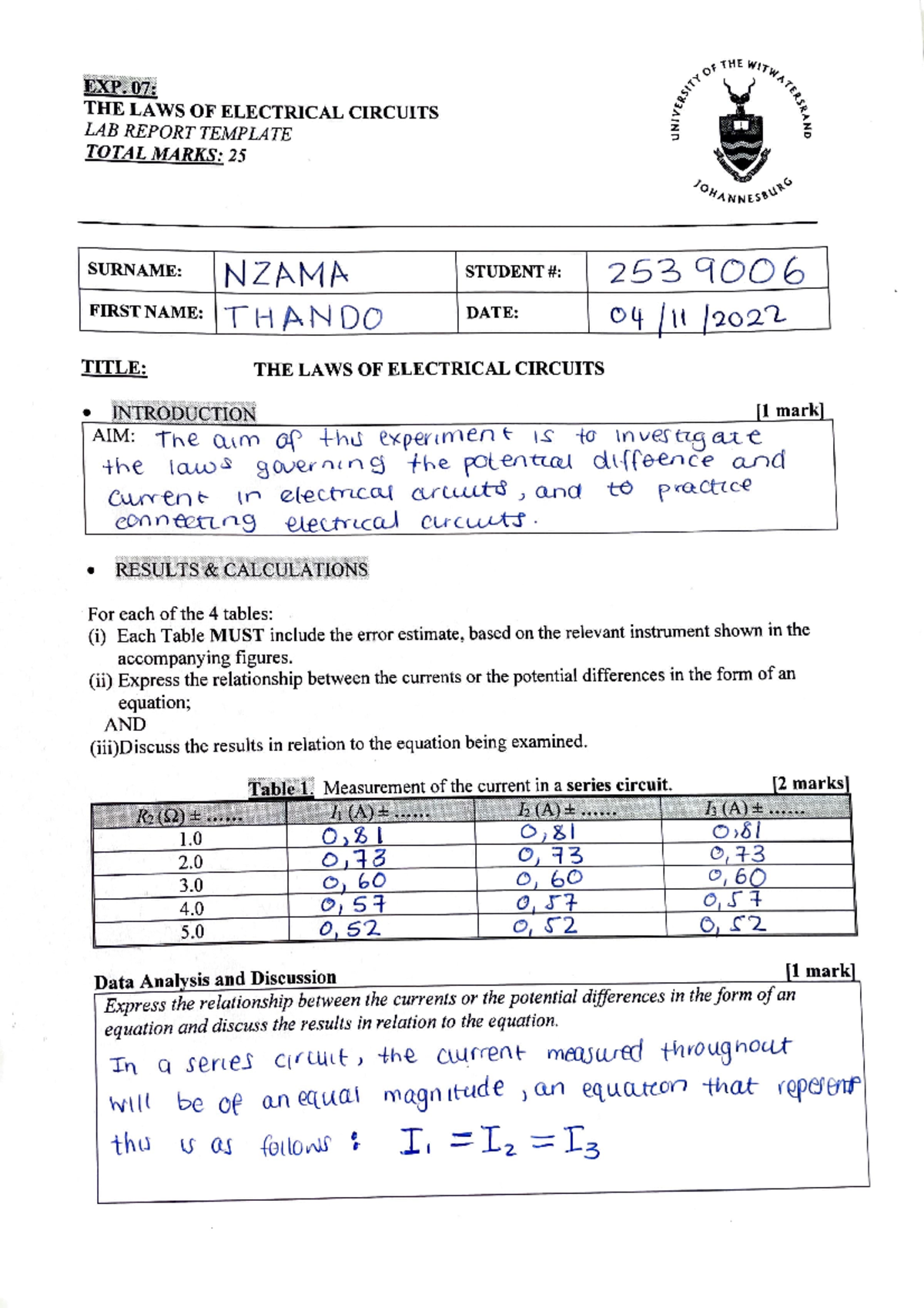 Experiment 7: Electrical Circuits Lab Report and Analysis - Studocu