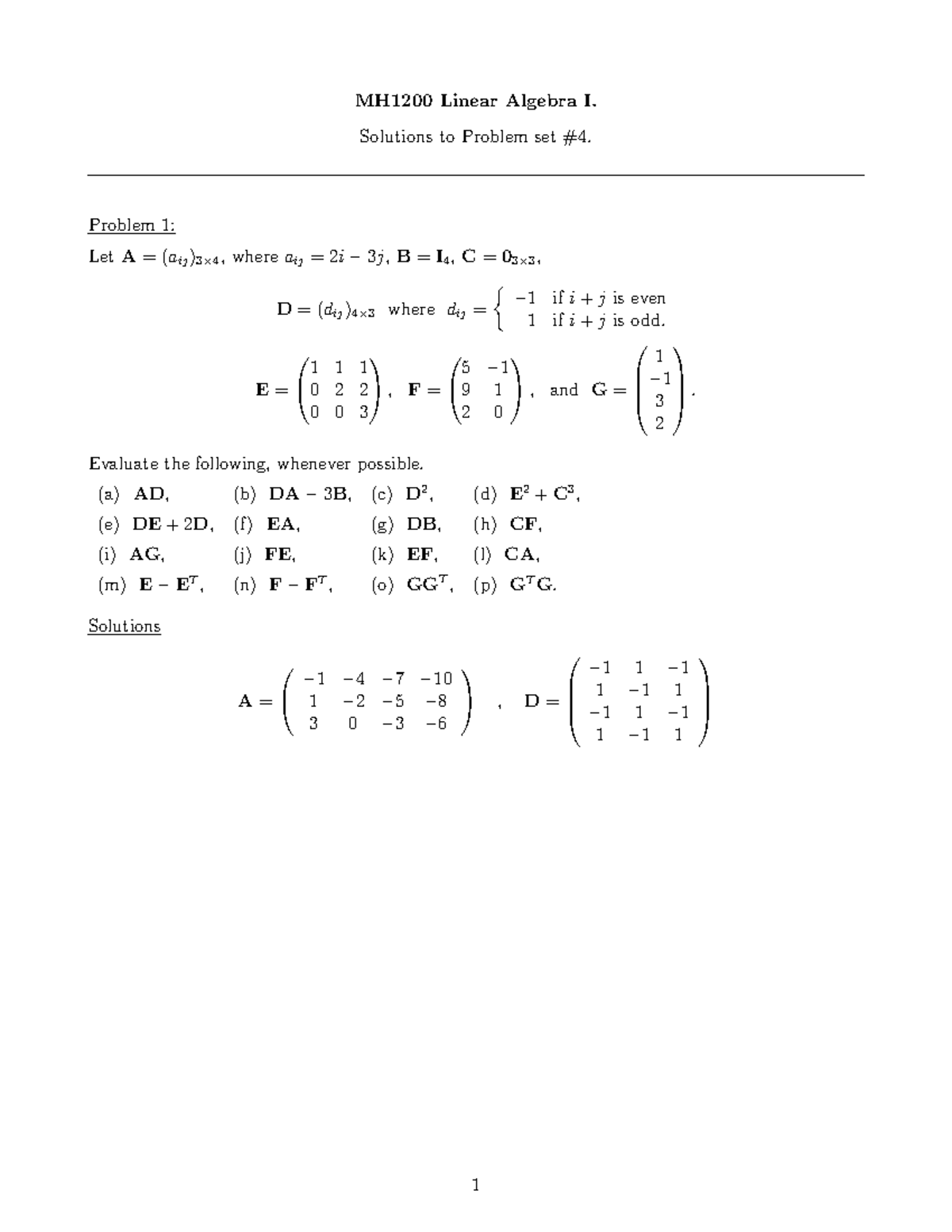 MH1200 Linear Algebra I: Problem Set 4 Solutions and Explanations - Studocu