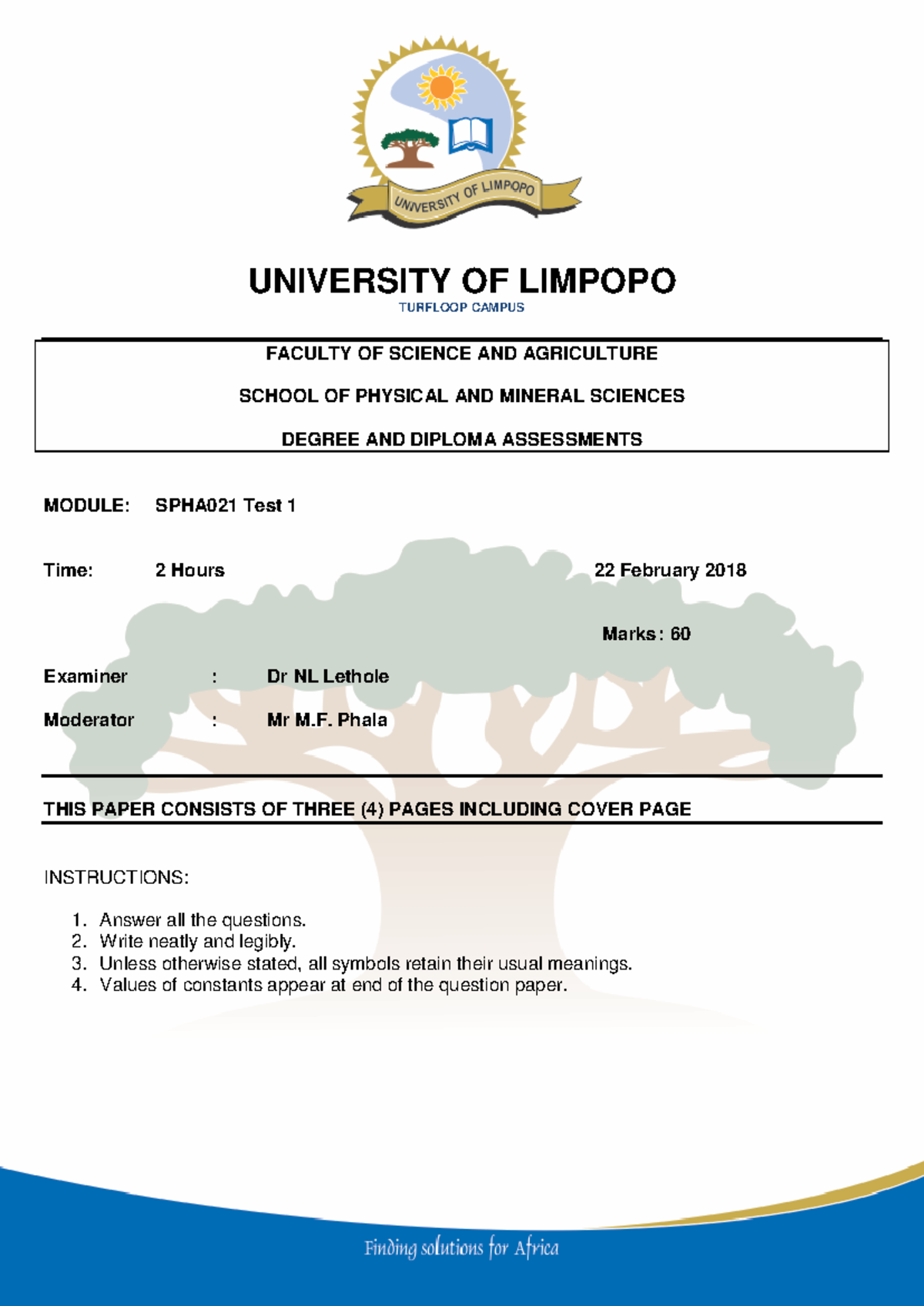 SPHA021Test122022018 - UNIVERSITY OF LIMPOPO TURFLOOP CAMPUS FACULTY OF ...