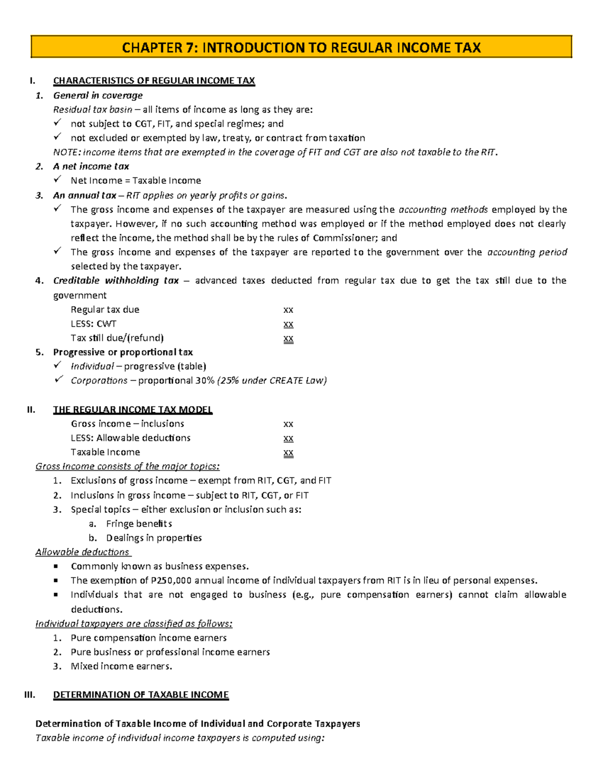 CHAPTER 7: REGULAR INCOME TAX - KEY CHARACTERISTICS AND MODELS - Studocu