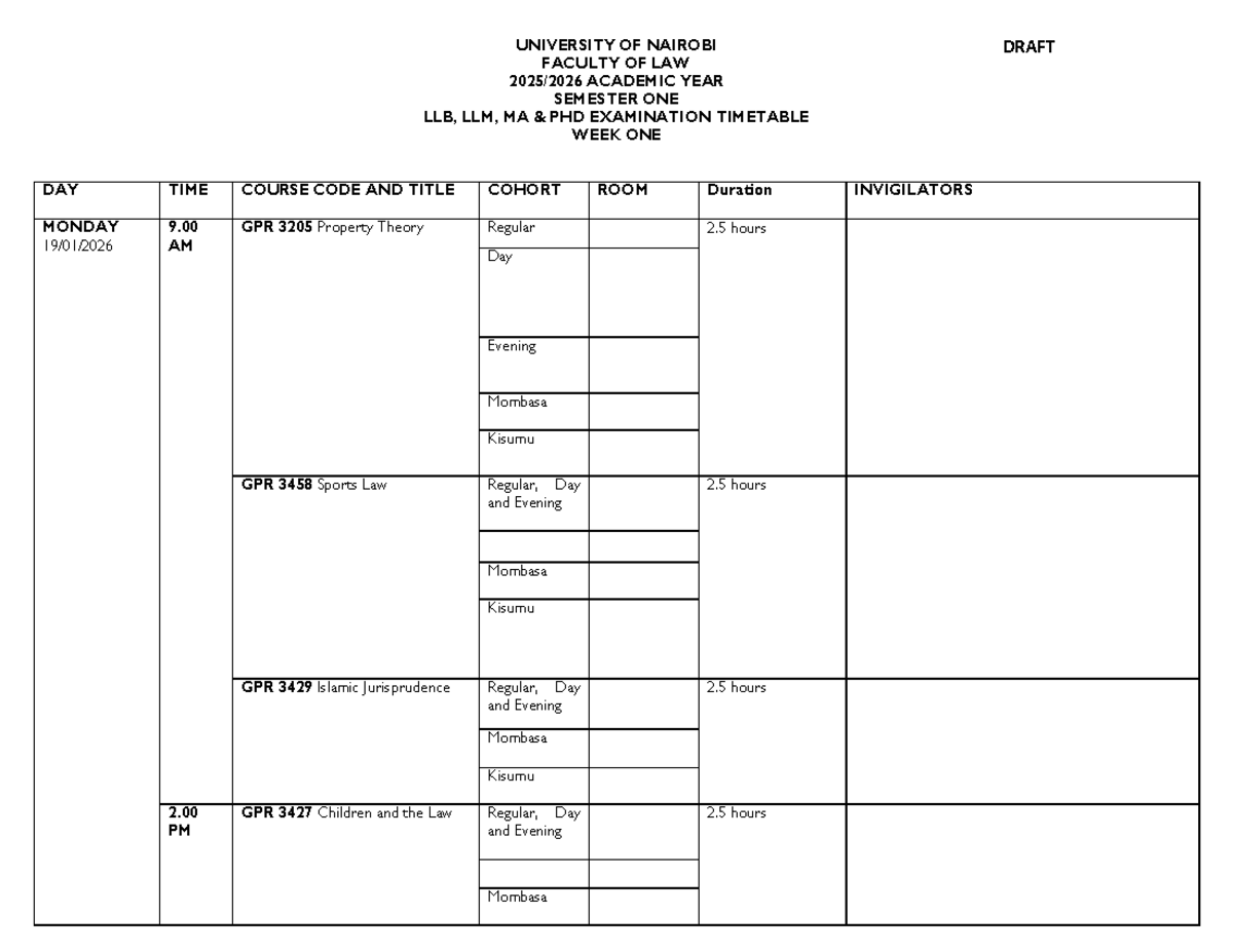 Draft Semester One Exam Timetable 2025-2026 - University of Nairobi Law ...