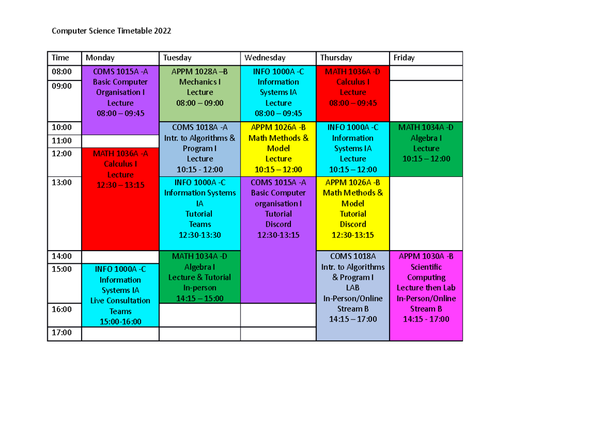 Comp Sci Timetable 2022: Courses and Schedule Overview - Studocu