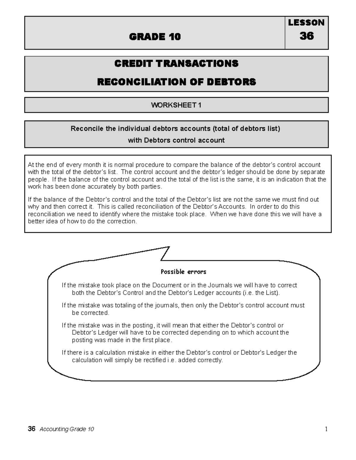 Grade 10 Lesson 36: Debtors Reconciliation Worksheet Notes - Studocu
