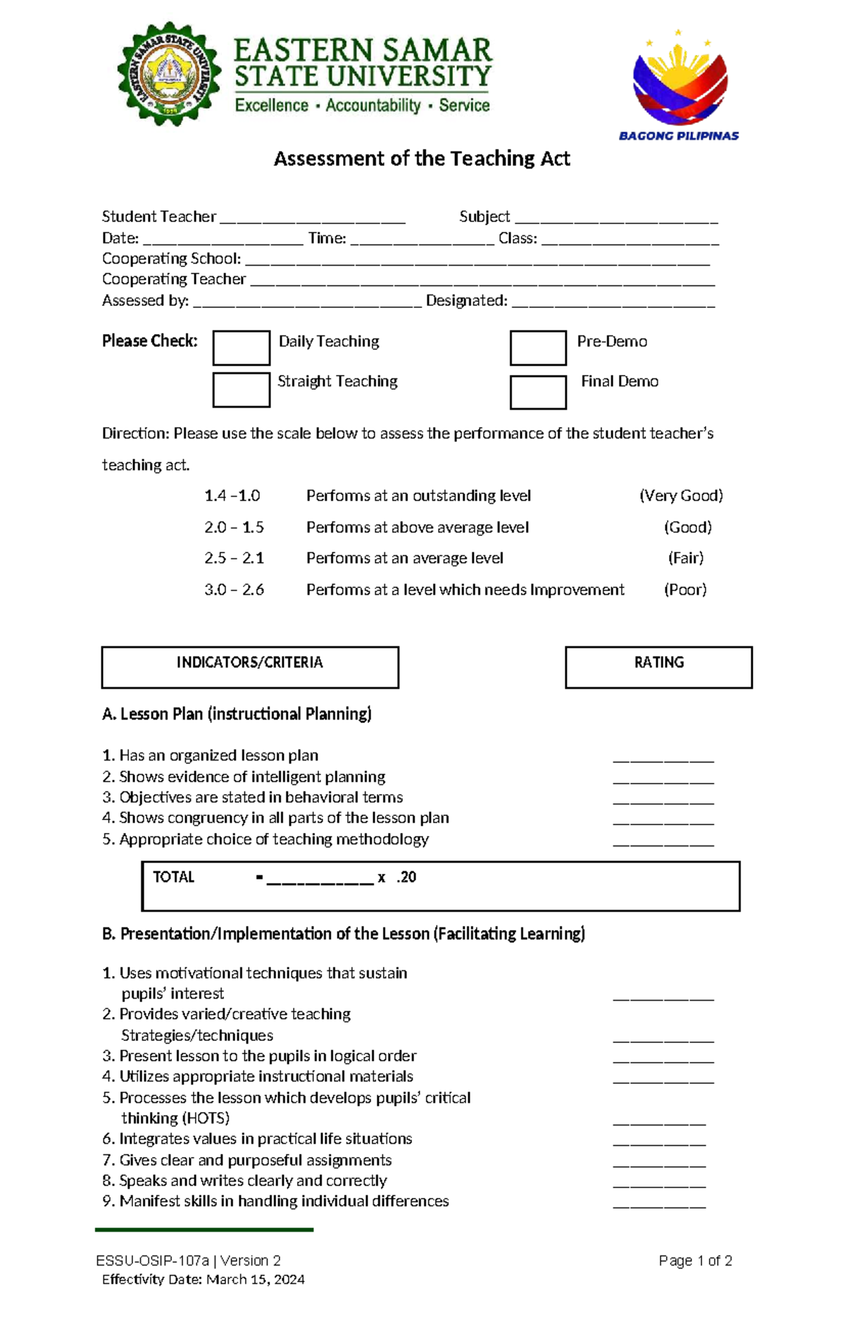Assessment of the Teaching Act: Student Teacher Evaluation 090933 - Studocu