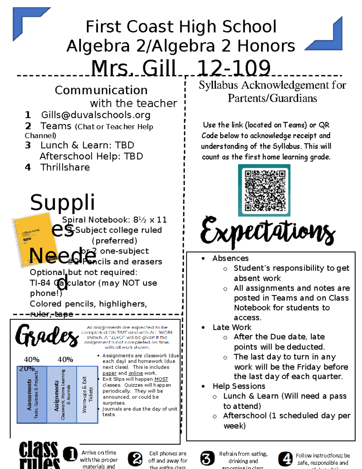 Algebra 2 Honors Syllabus 24-25 - Mrs. Gill's Class Guidelines - Studocu