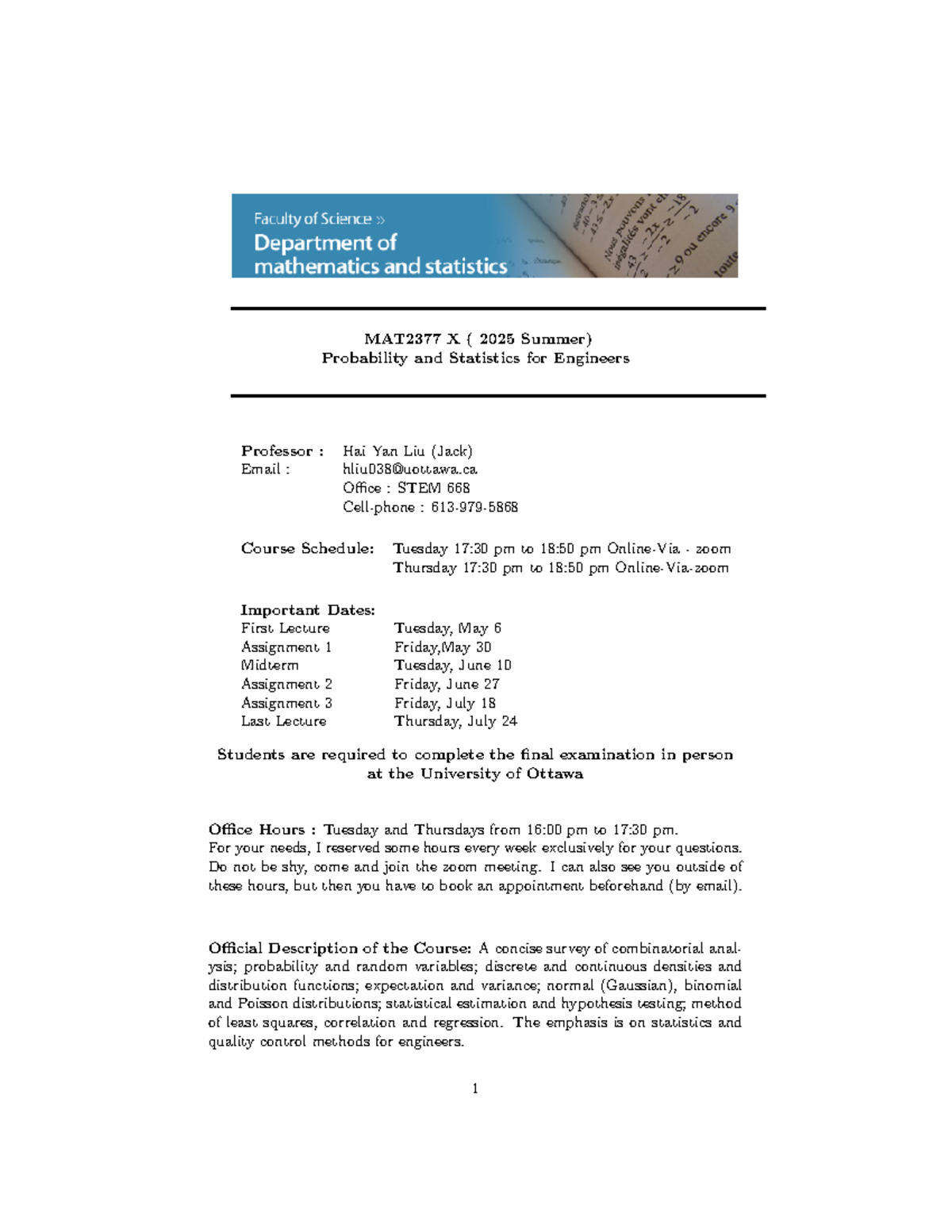 MAT2377 - 2025 Summer Probability & Statistics Syllabus - Studocu
