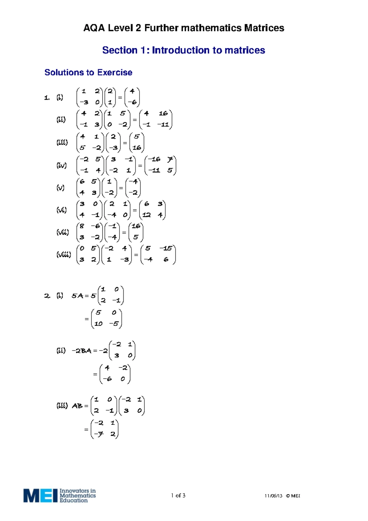 AQA FM Matrices 1: Comprehensive Notes on Matrix Operations - Studocu