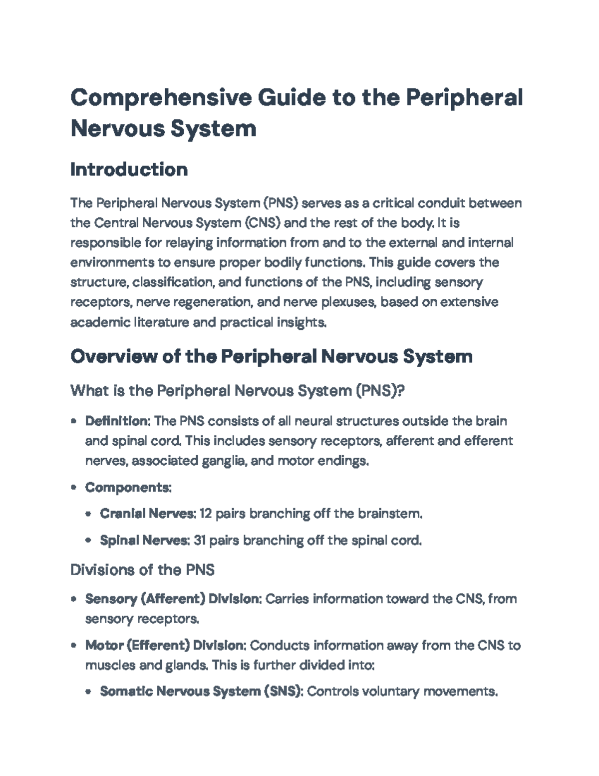 Comprehensive Overview of the Peripheral Nervous System (PNS) - Studocu