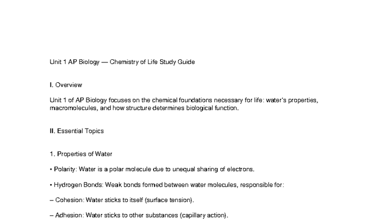 AP Biology Unit 1: Chemistry of Life Study Guide - Studocu