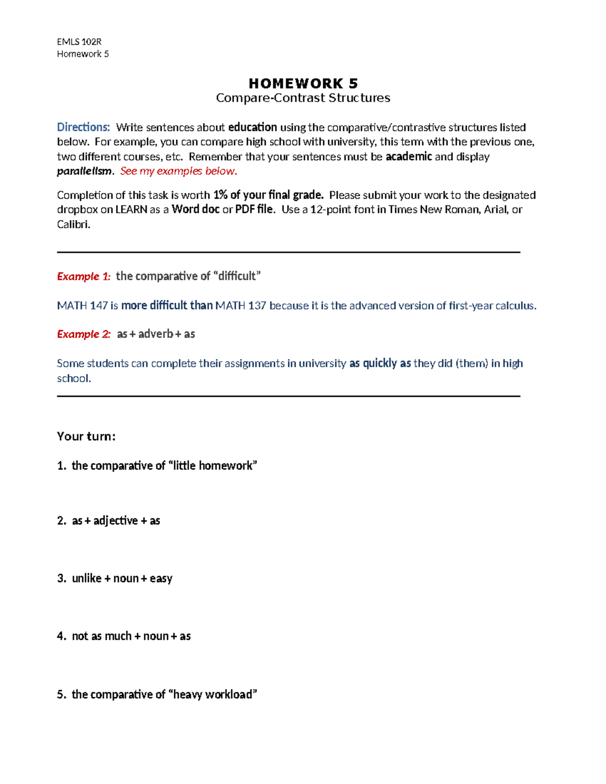 EMLS 102R Homework 5 - Compare-Contrast Structures - Studocu