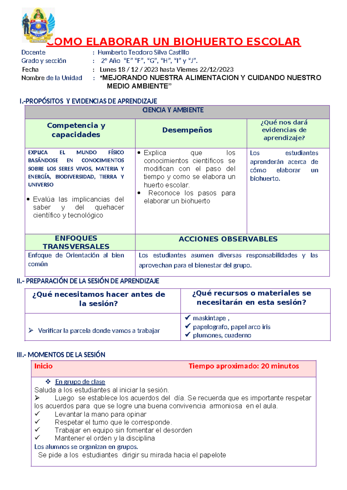 Sesion de Aprendizaje: Elaboración de un Biohuerto Escolar para 2º Año ...