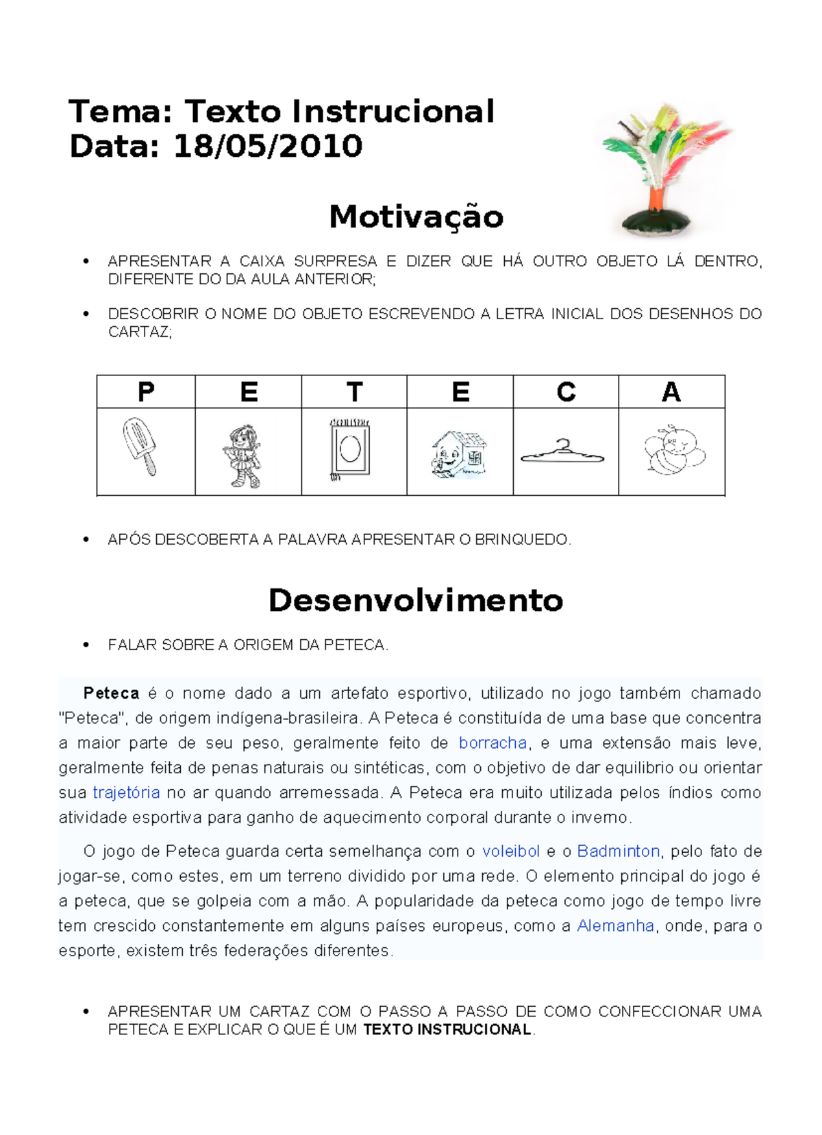 Plano de Aula: Texto Instrucional sobre a Peteca - Studocu