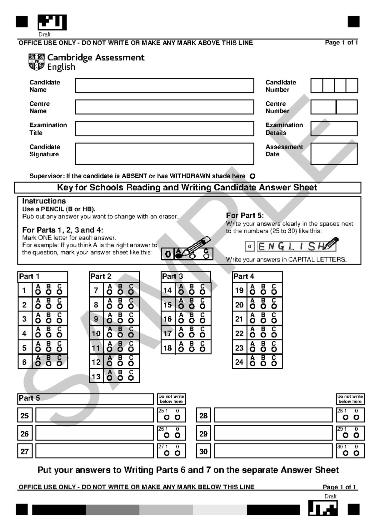 Prepare Reading sample answer sheet - OFFICE USE ONLY - DO NOT WRITE OR ...
