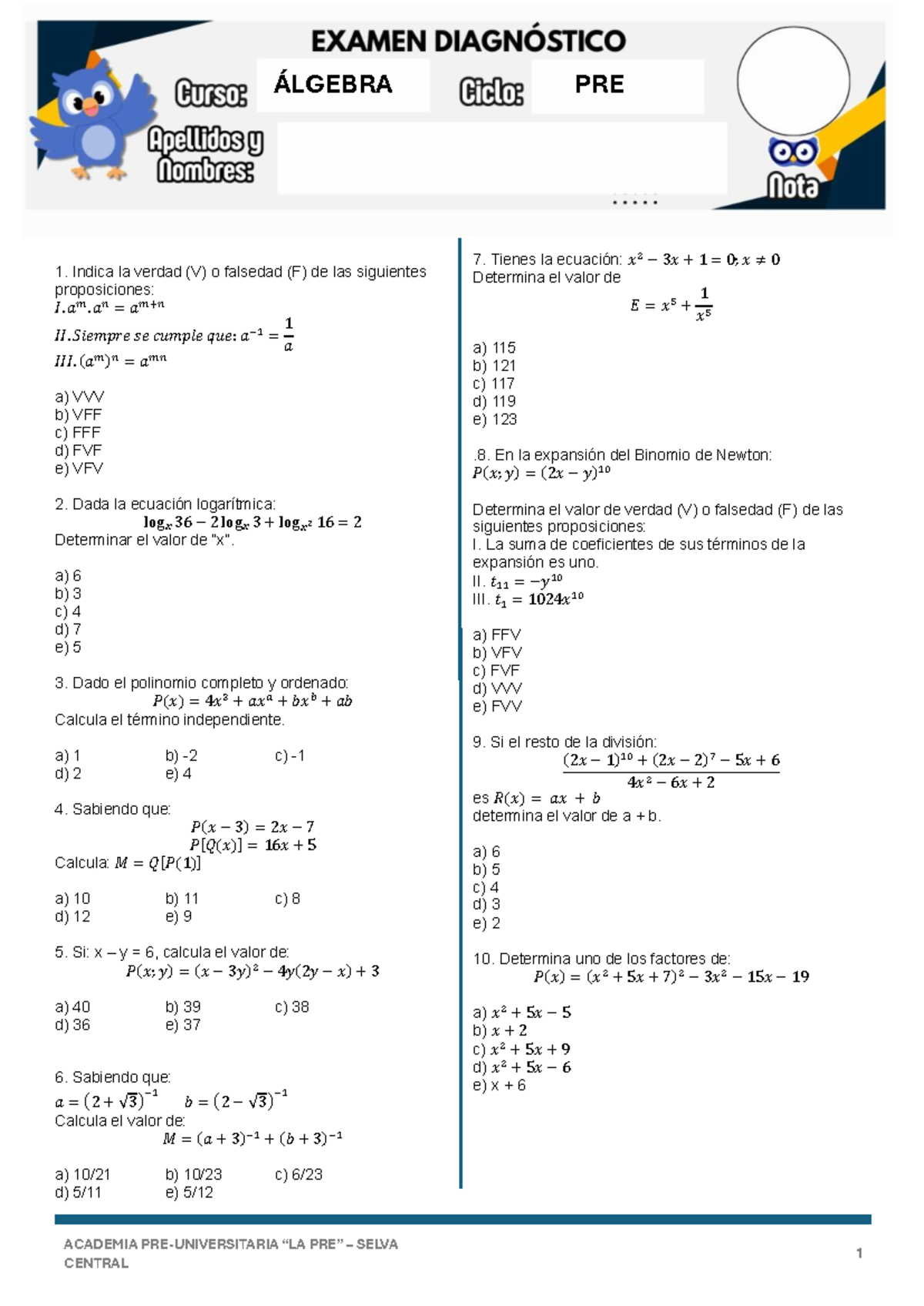ÁLGEBRA 1: Ejercicios y Proposiciones - PRE 123 - Studocu