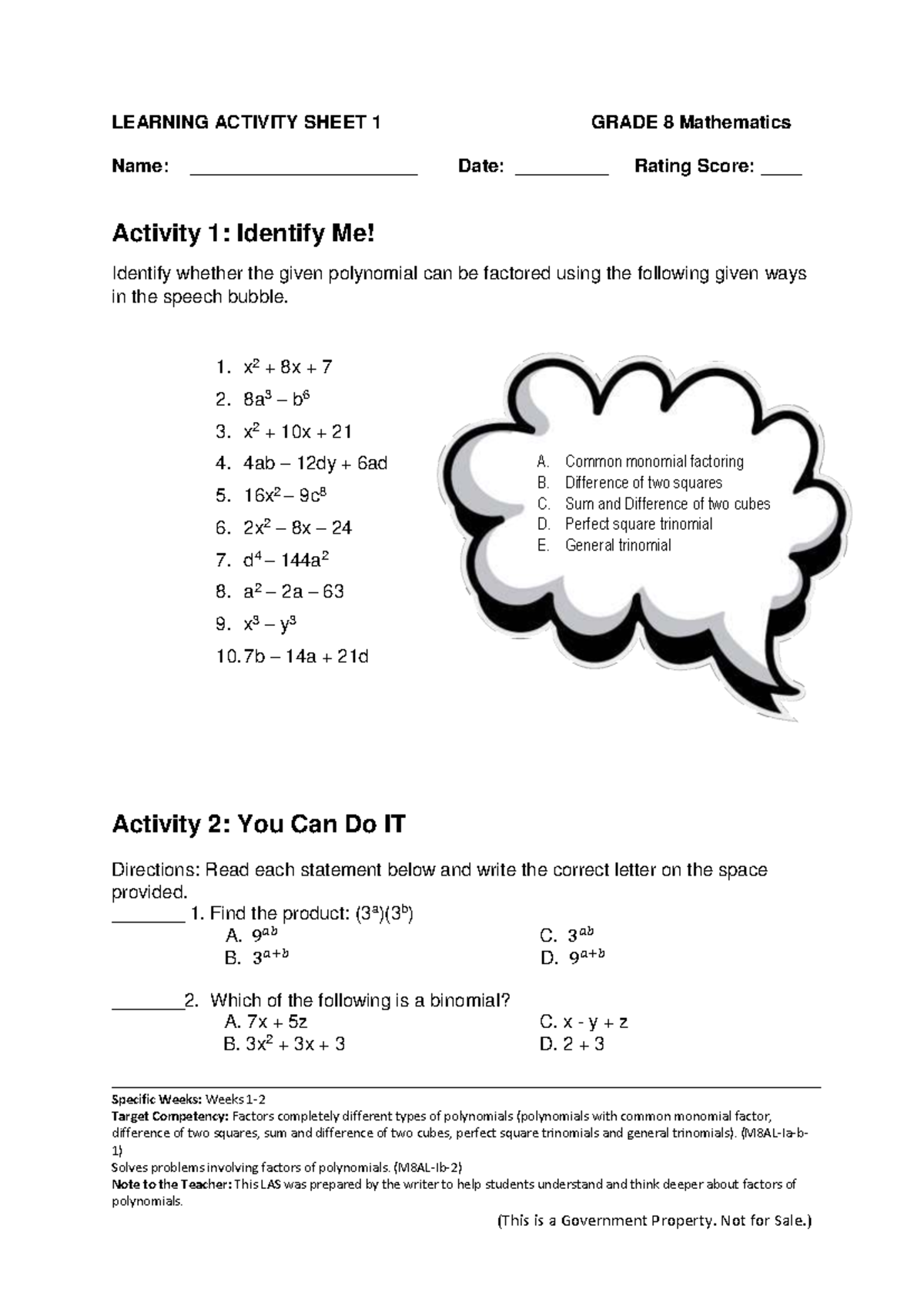 Quarter 1 LAS: Week 1 & 2 - Factoring Polynomials for Grade 8 - Studocu