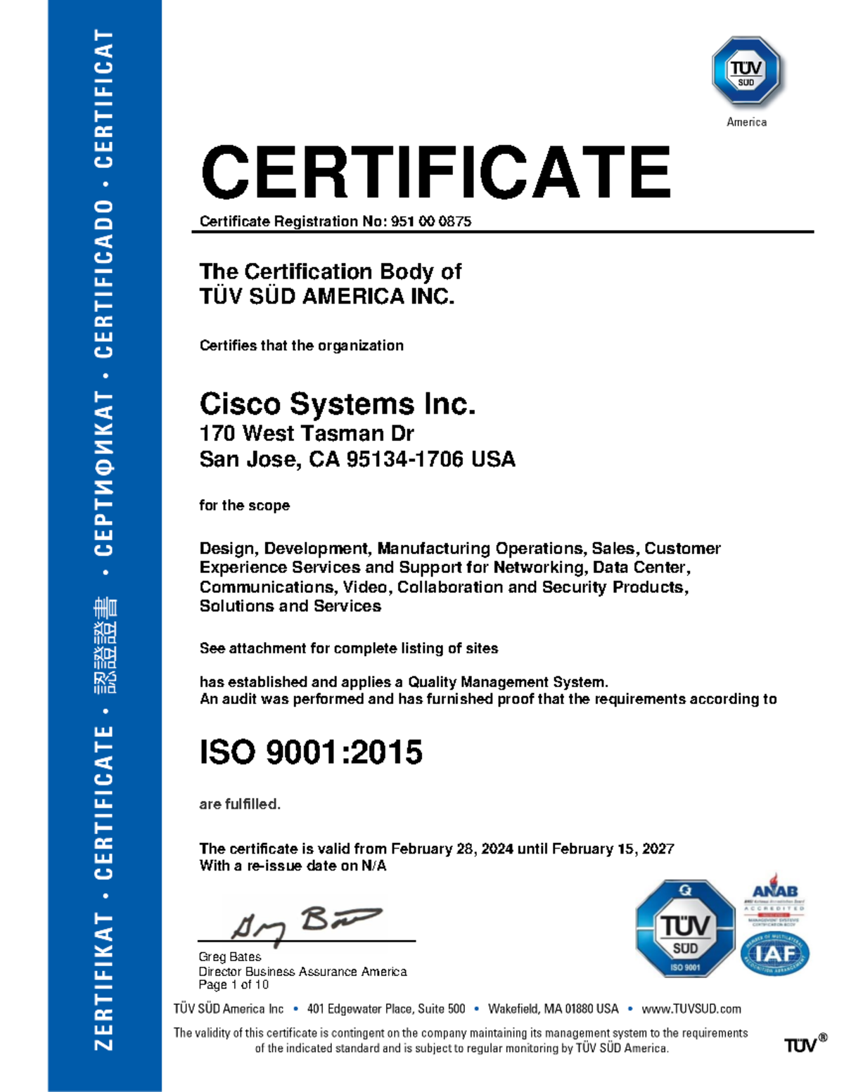 ISO 9001:2015 Certification for Cisco Systems Inc. - Certificate No ...