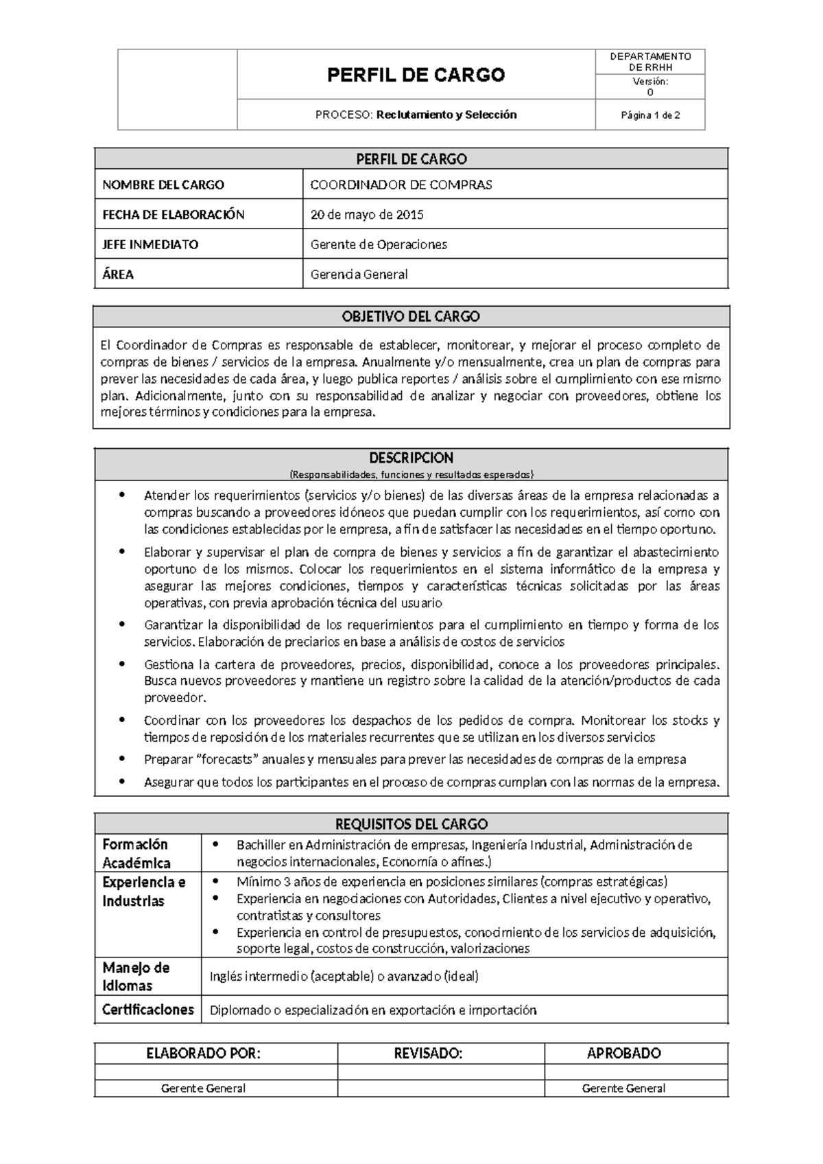 PERFIL DEL PUESTO COORDINADOR DE COMPRAS - RRHH - Studocu
