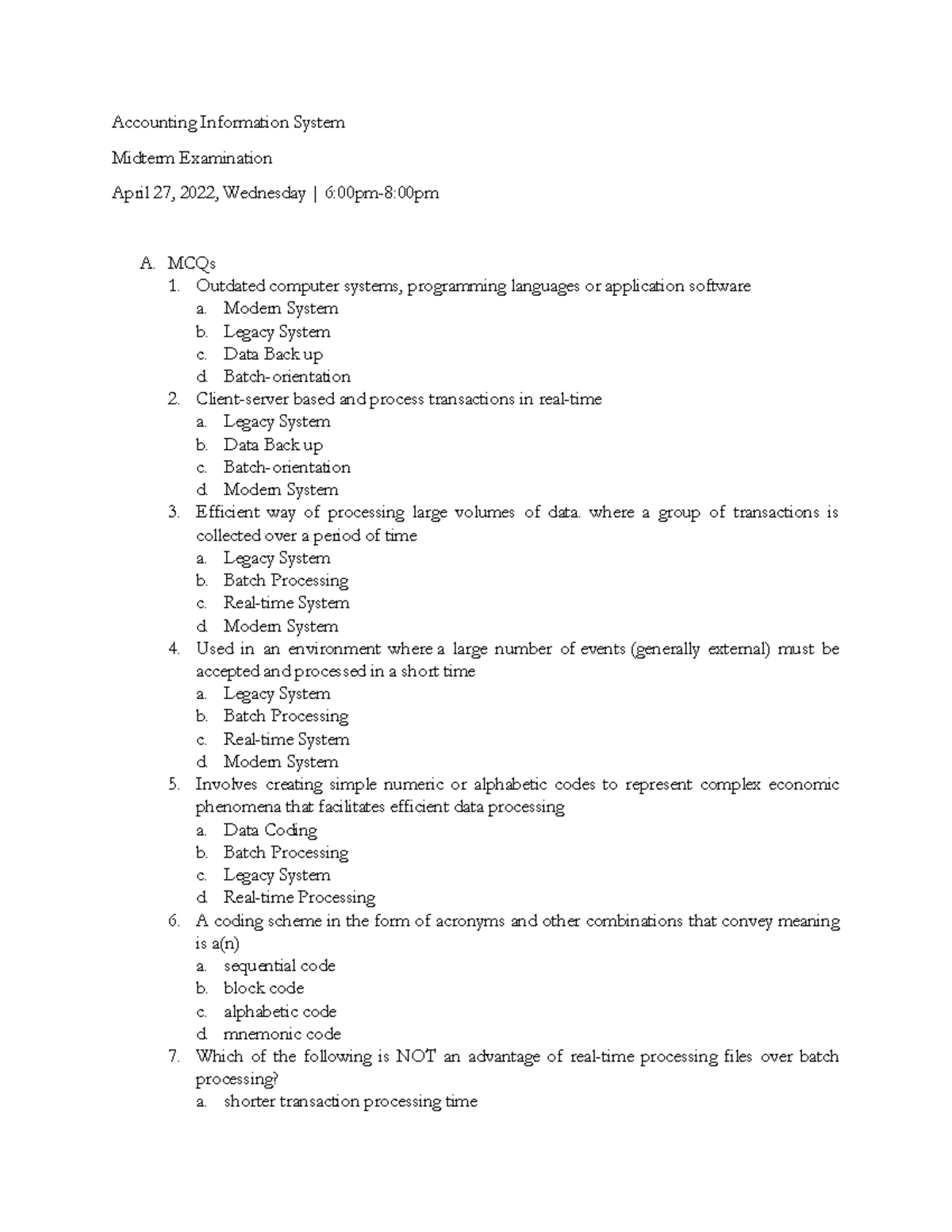 Midterm Exam - ACC 210: Accounting Information System Review - Studocu