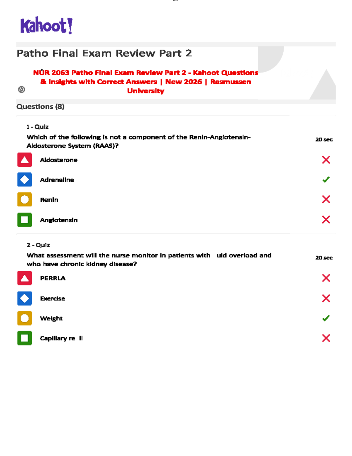 NUR 2063 Patho Final Exam Review Part 2 - Kahoot Insights & Answers ...