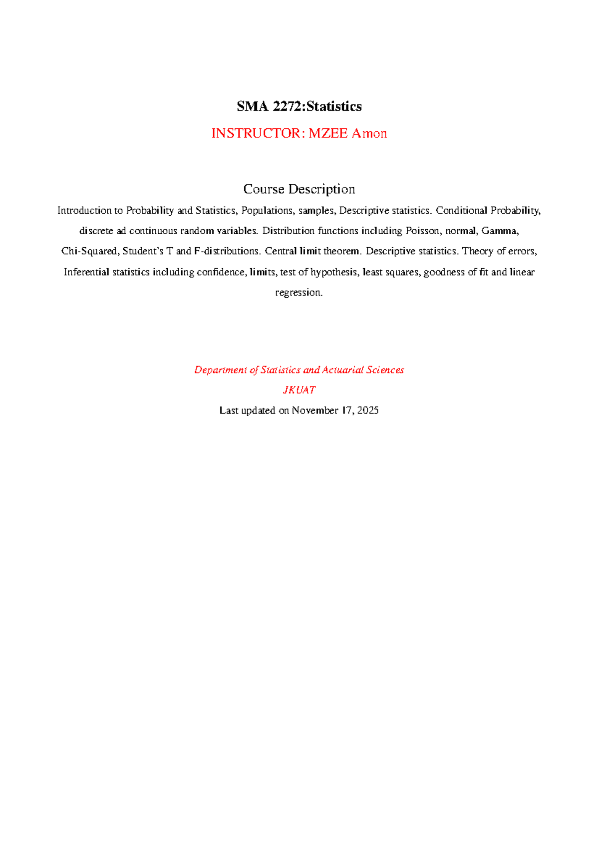 SMA 2272: Comprehensive Guide to Statistics and Probability - Studocu