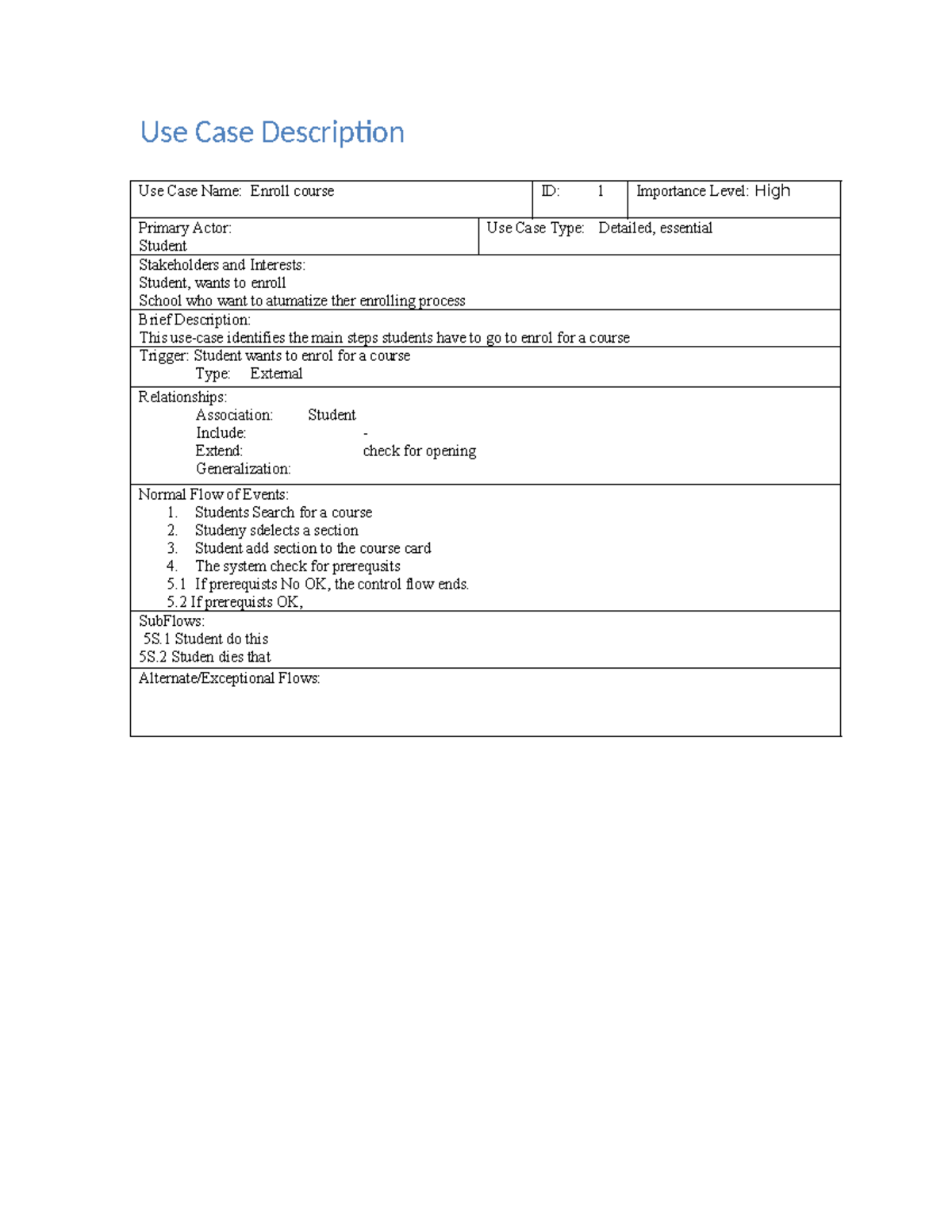 Use Case Description: Enroll Course (ID: 1) - High Importance - Studocu