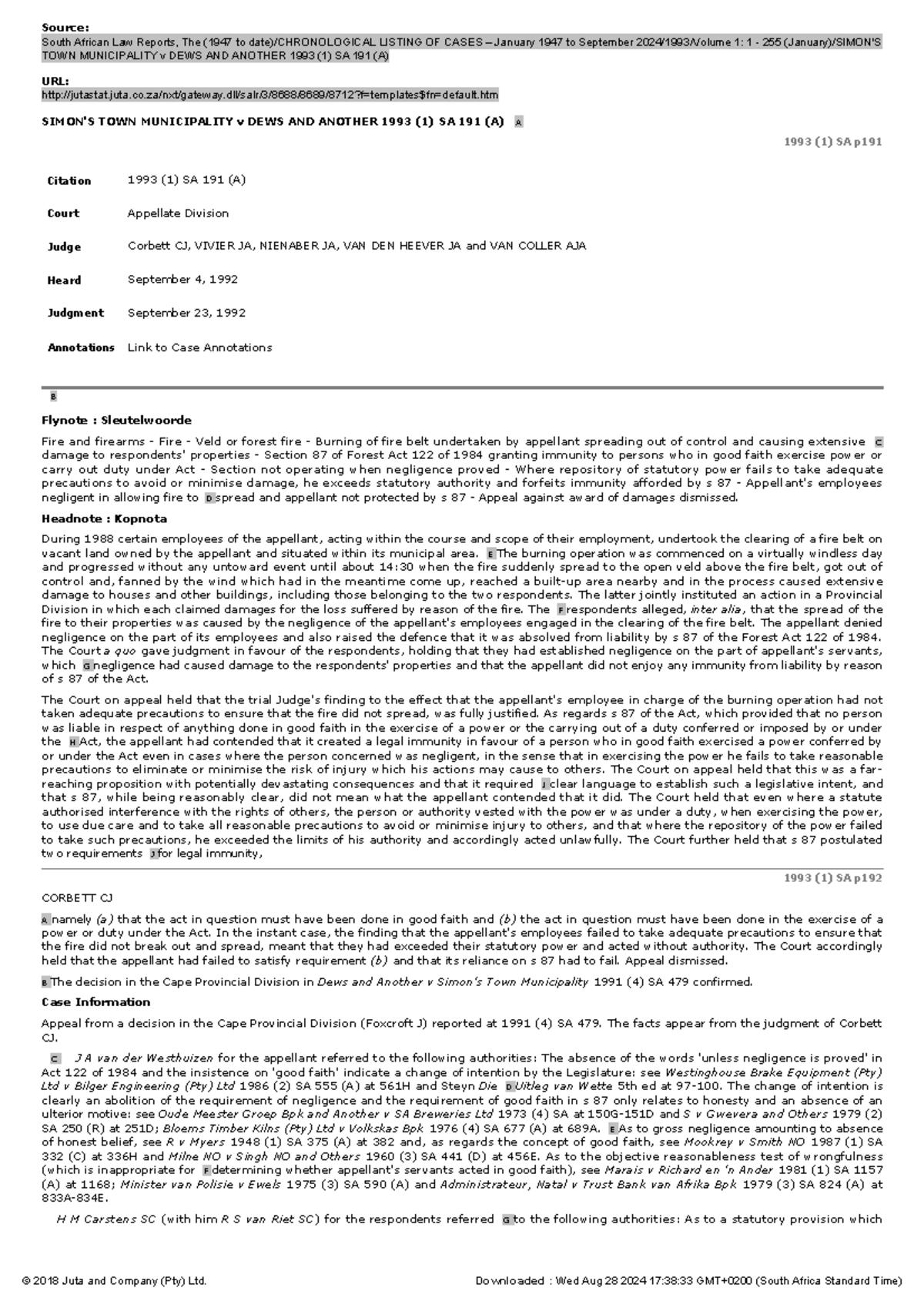 Judgment Analysis: Simon's Town Mun. v Dews & Another 1993 (1) SA 191 (A) - Studocu