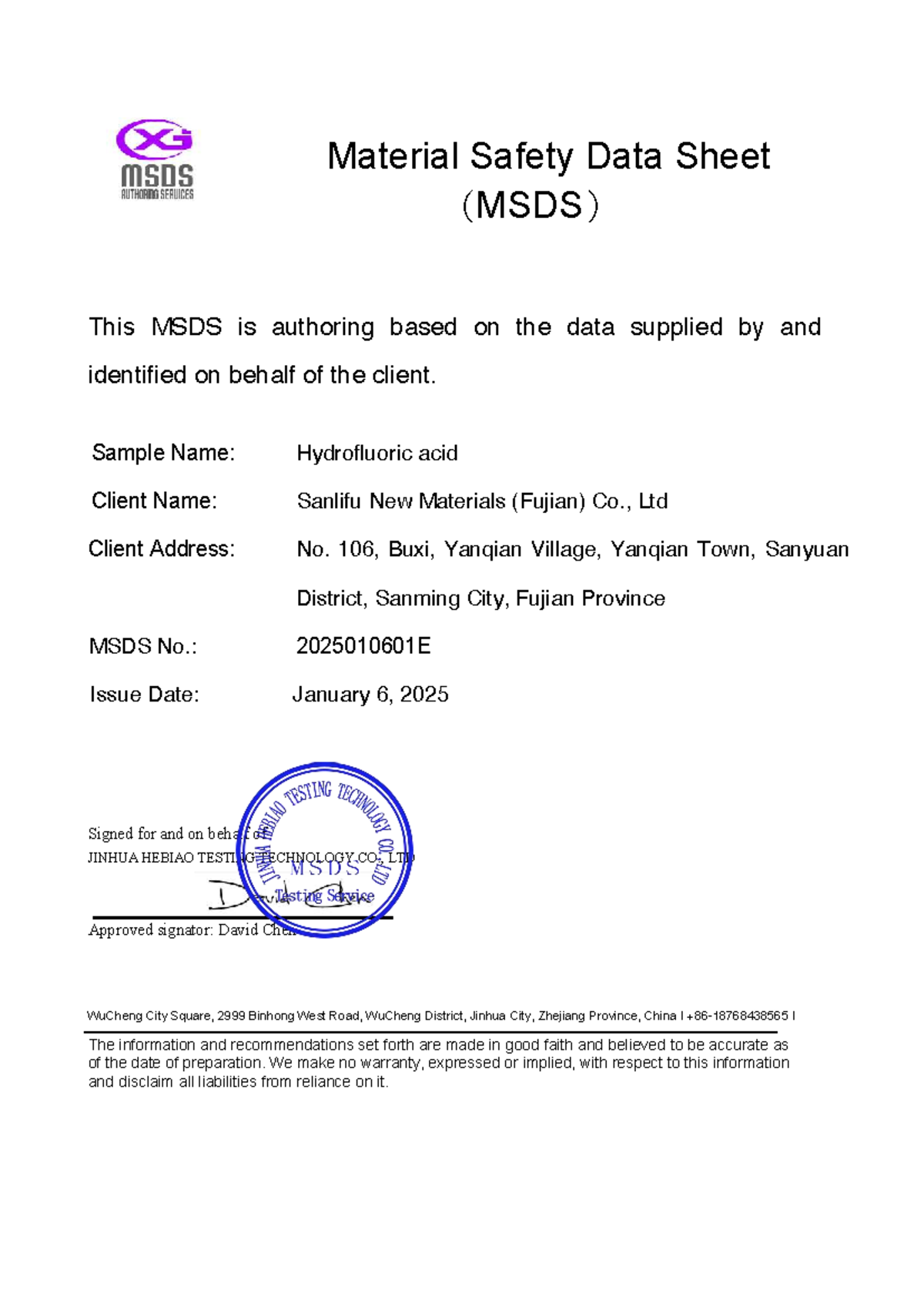 Hydrofluoric Acid MSDS (MSDS No.: 2025010601E) - January 2025 - Studocu