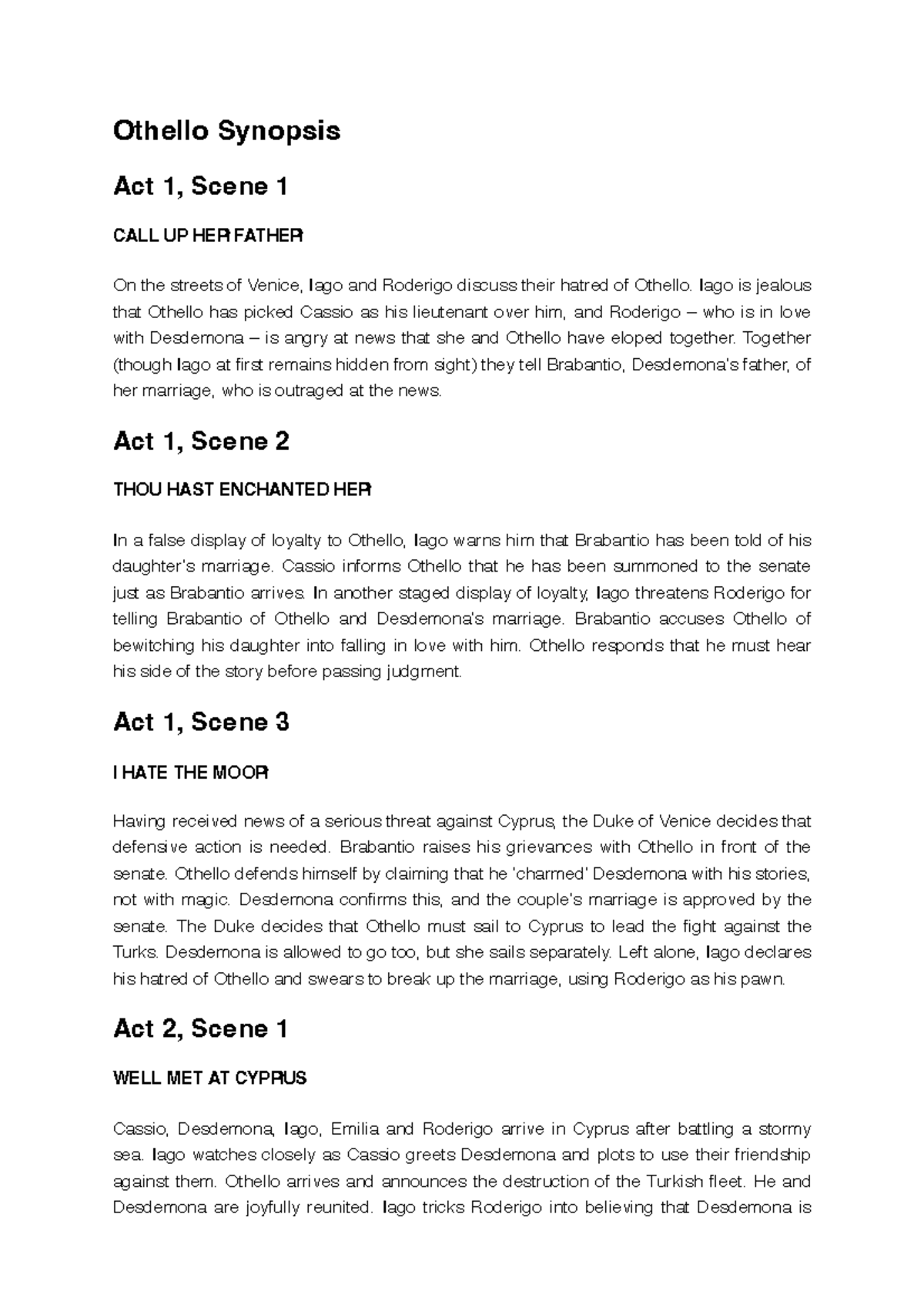 Othello Act 1-5 Synopsis: A Tragic Tale of Love and Betrayal - Studocu
