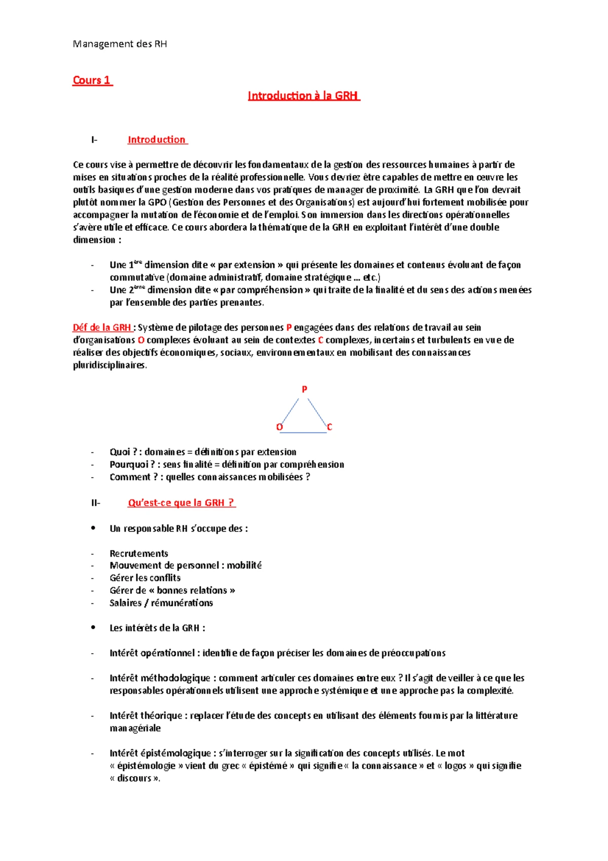 Management des RH - Cours 1 Introduction à la GRH I- Introduction Ce ...