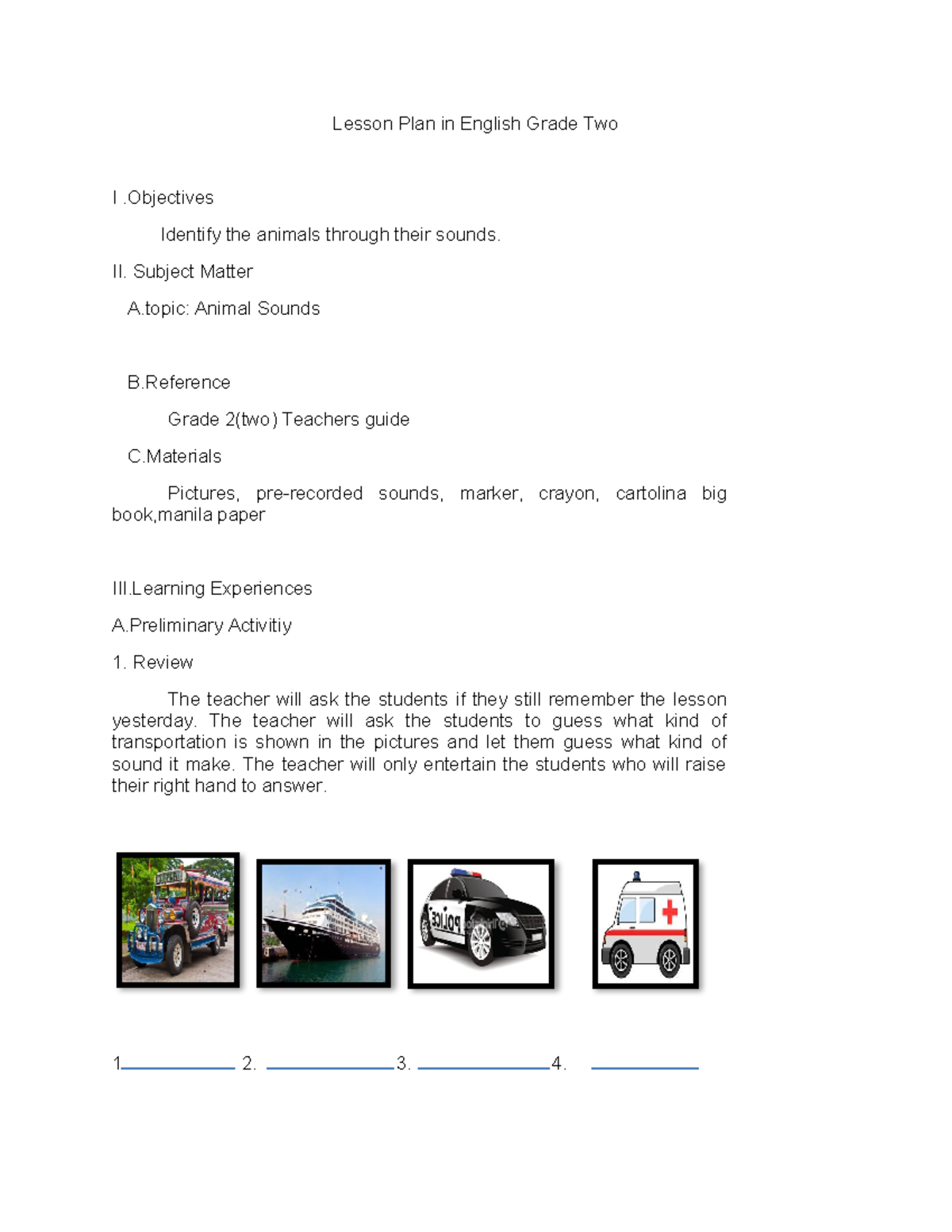 English Grade 2 Lesson Plan: Identifying Animal Sounds - Studocu