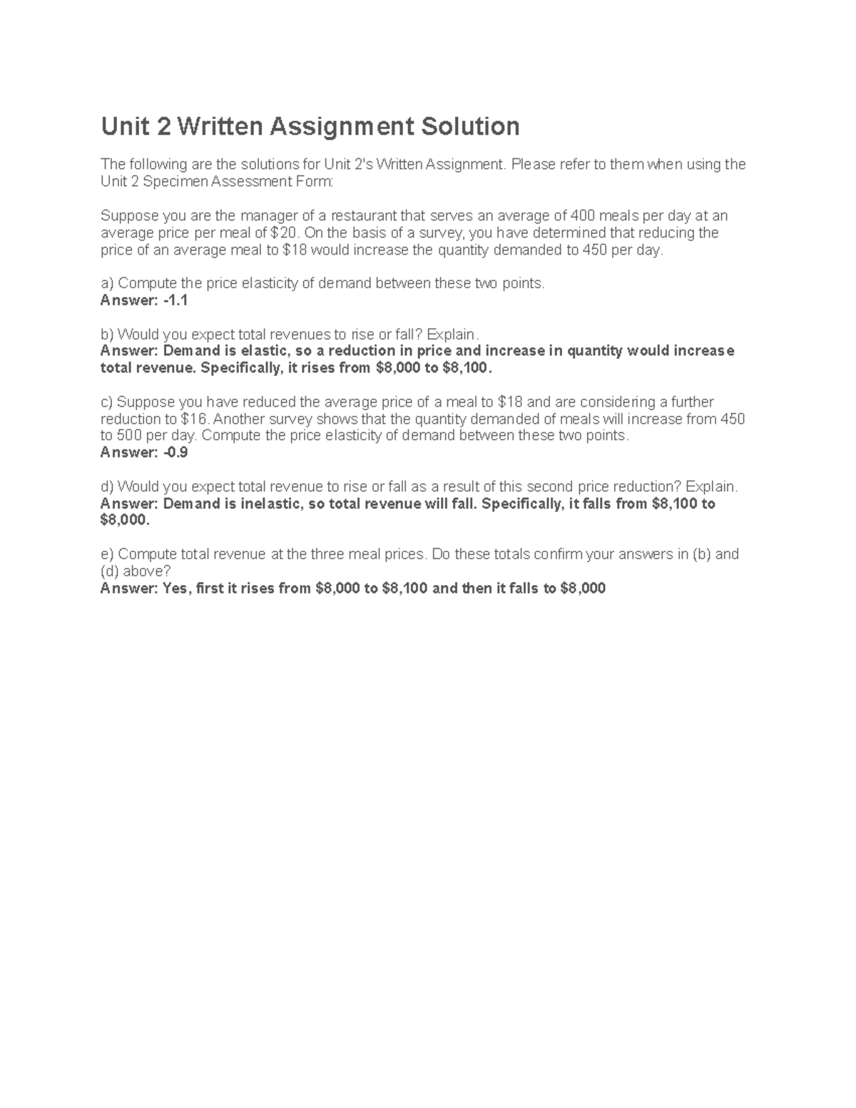 econ 1580 Unit 2 Written Assignment Solution - Unit 2 Written Assignment Solution The following ...