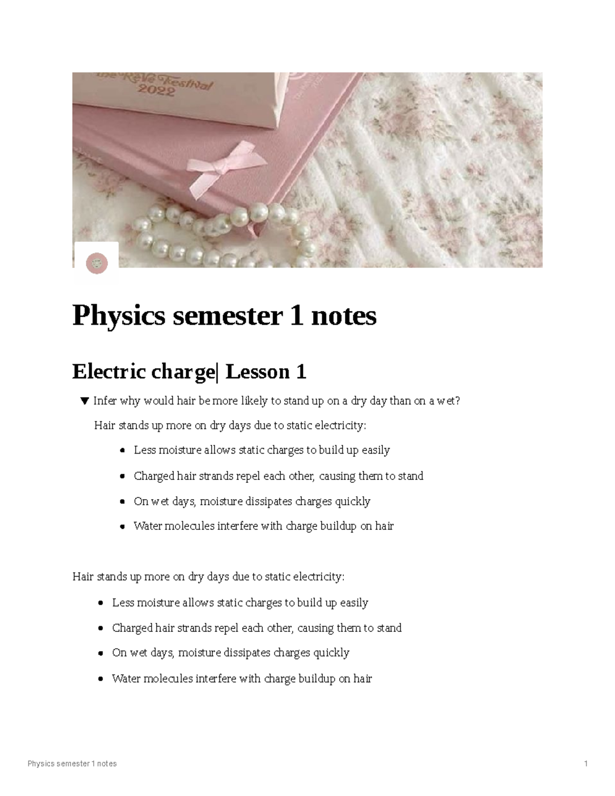 Physics 1: Static Electricity & Electric Fields - Semester Notes - Studocu