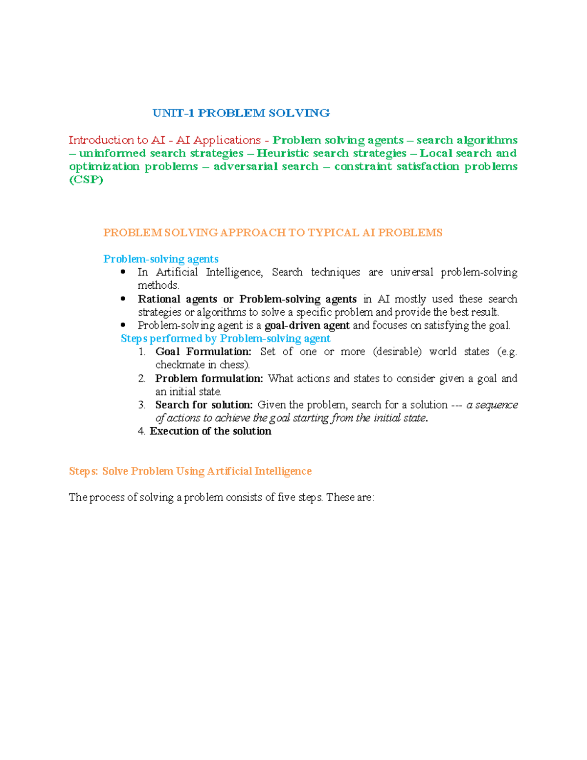 UNIT 1: Problem Solving Strategies & Search Algorithms in AI - Studocu