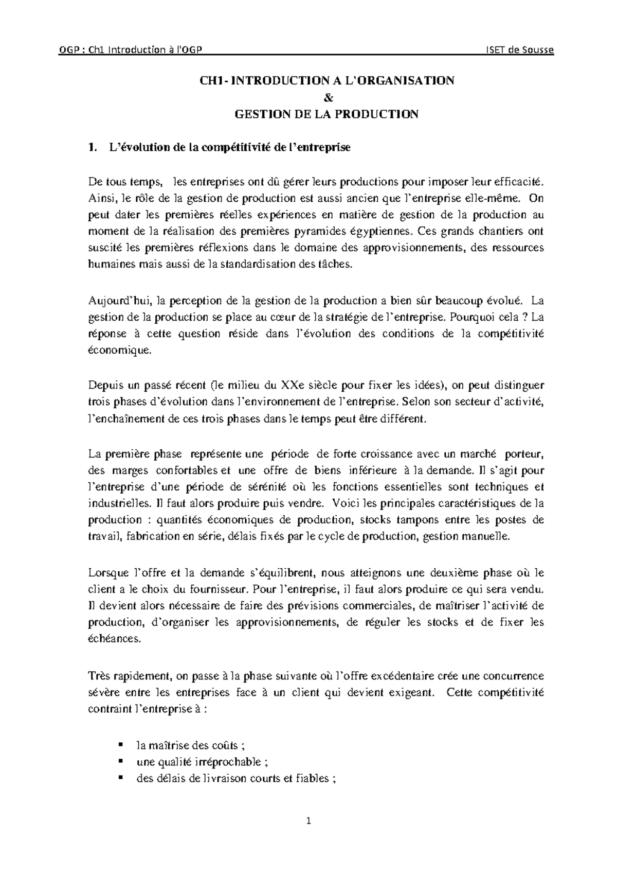 OGP : Ch1 Introduction à la Gestion de la Production - Studocu