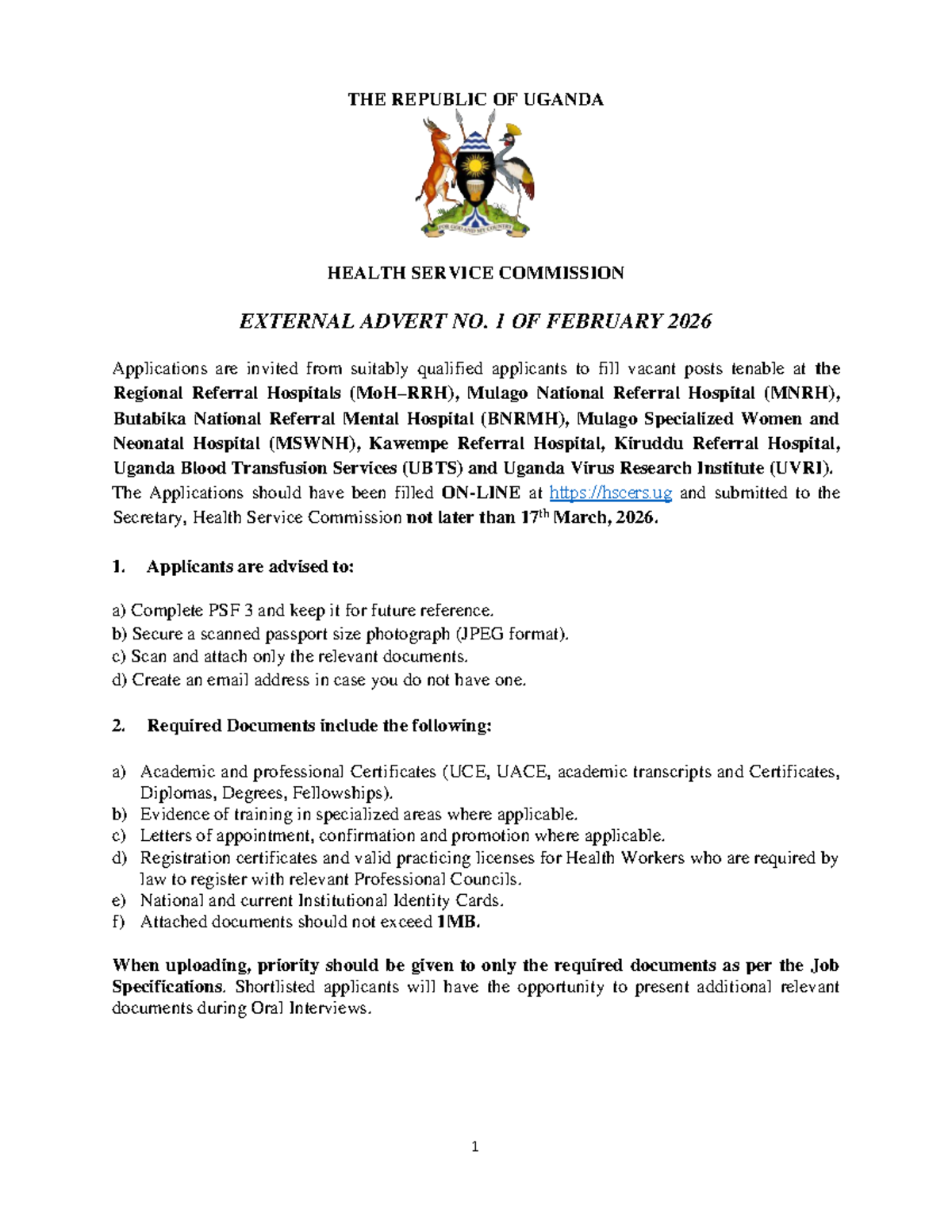 External Advert No. 1 of February 2026: Health Service Commission ...