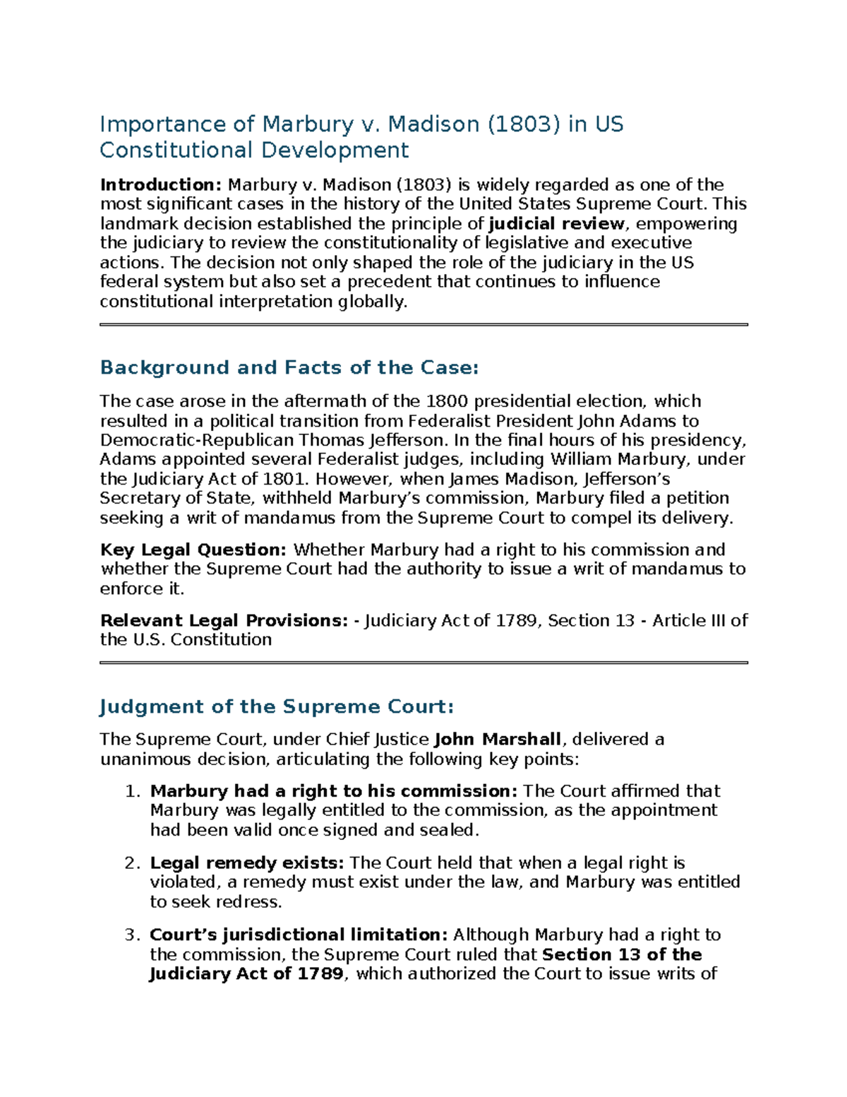 Marbury v. Madison (1803): Analysis of Judicial Review's Impact - Studocu