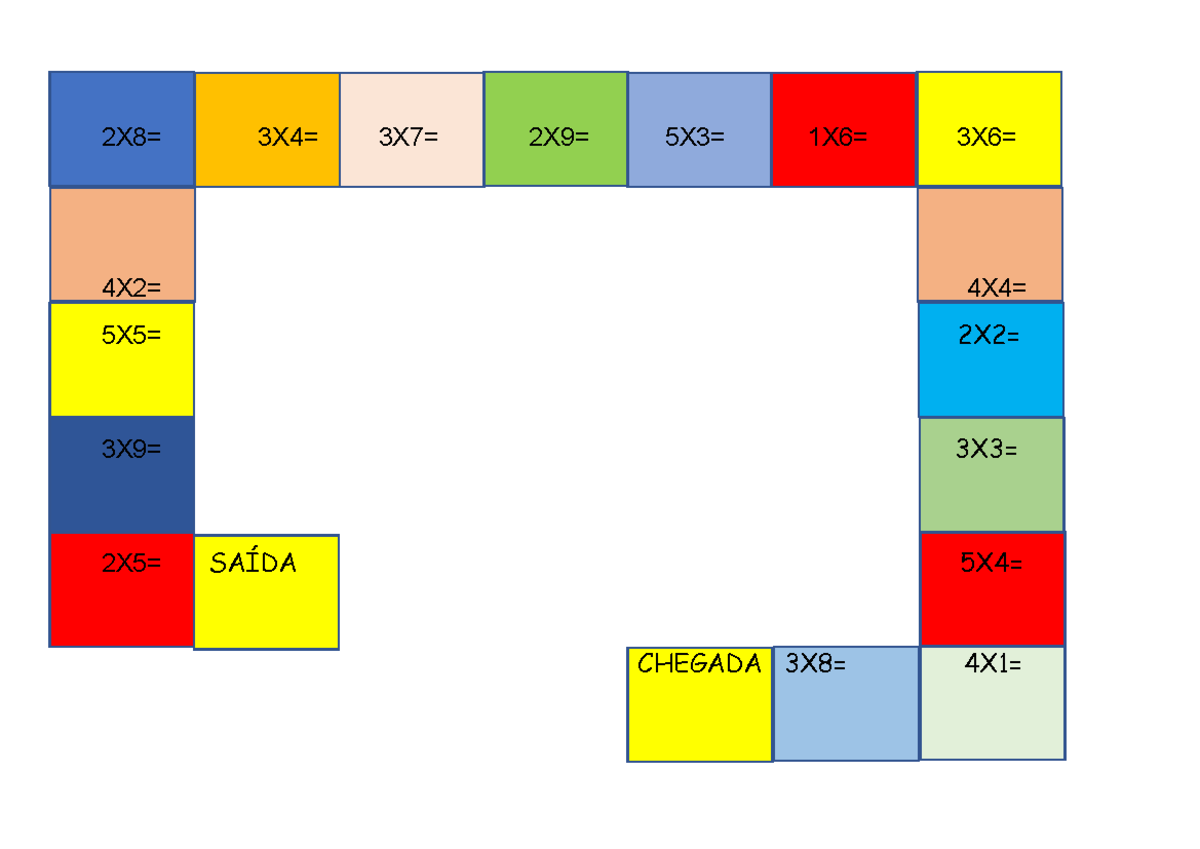 Tabuleiro DA Multplicação - Matemática - 2X8= 3X4= 3X7= 2X9= 5X3= 1X6 ...