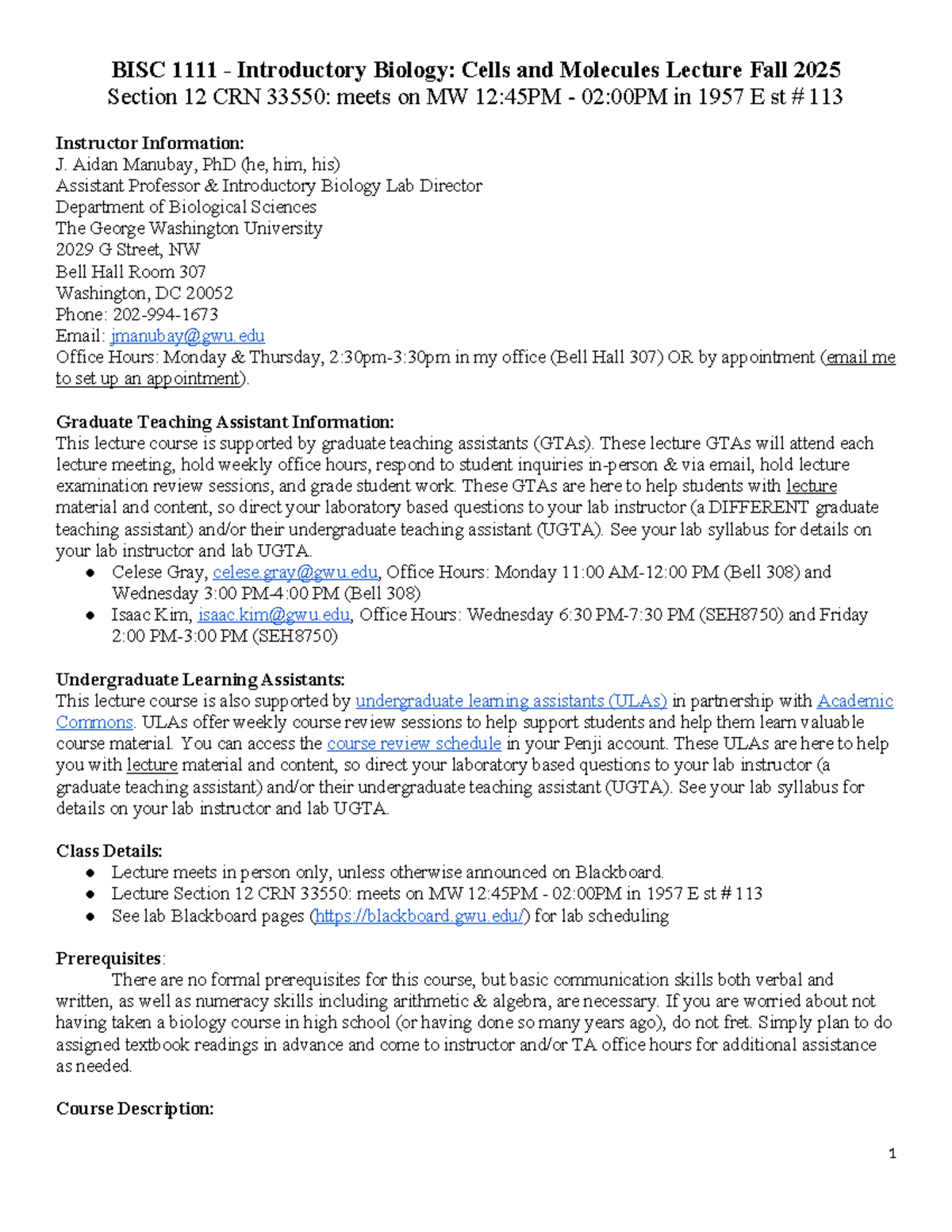 BISC 1111: Introductory Biology - Cells & Molecules Lecture Syllabus ...
