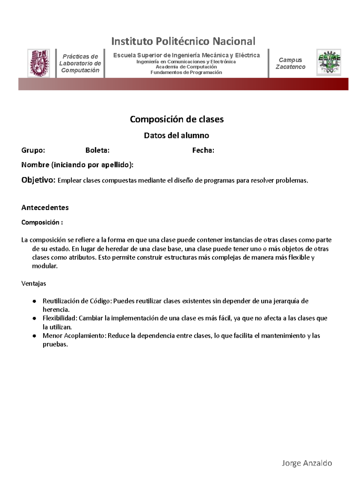Práctica 3.2: Composición de Clases en Python - IPN ESIEME - Studocu