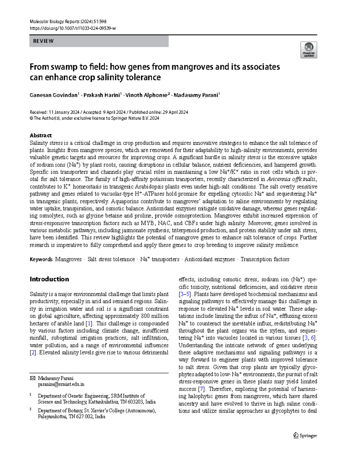 Molecular Biology Reports (2024) 51:598 - Enhancing Crop Salinity ...