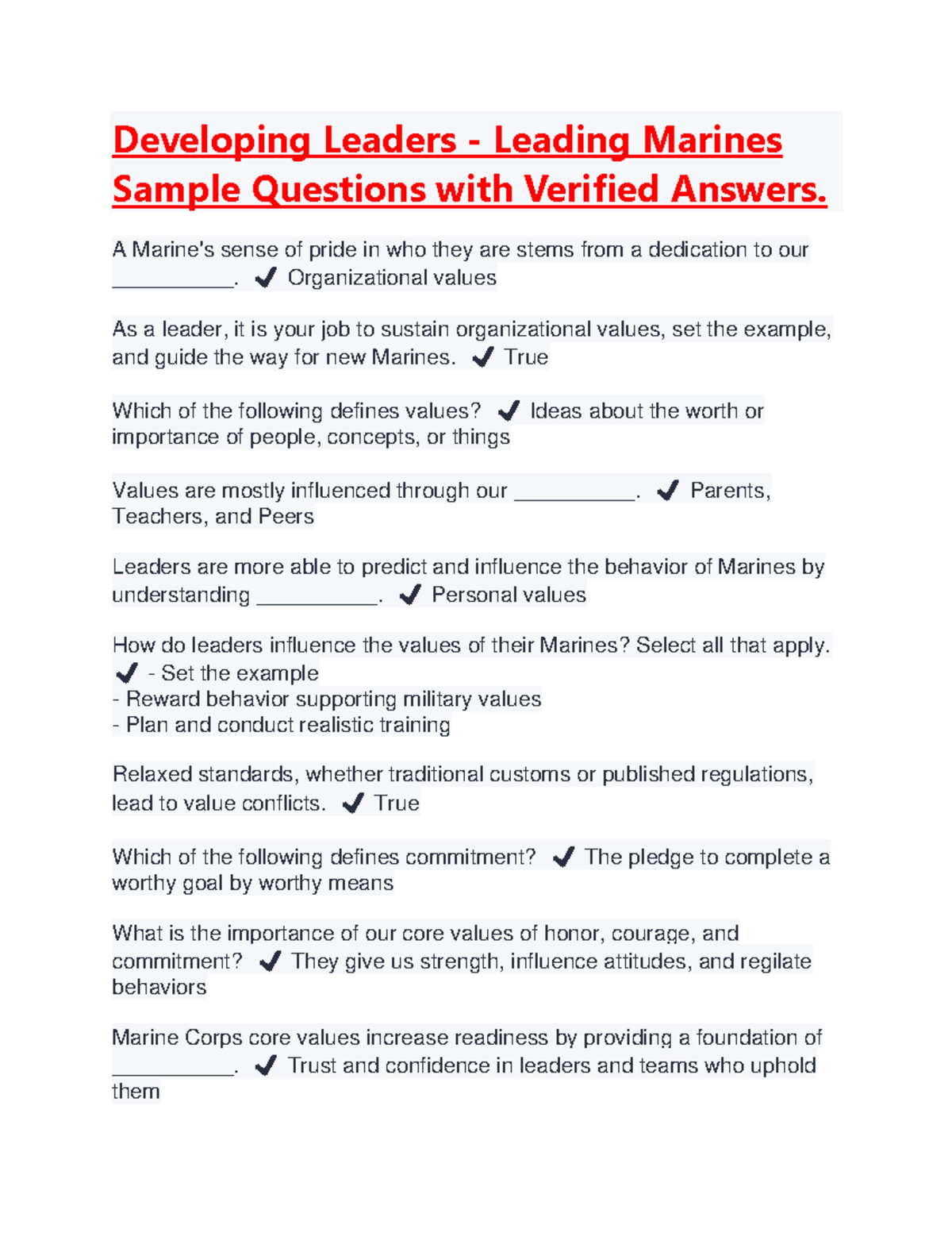 Developing Leaders: Leading Marines Sample Q&A with Verified Answers ...