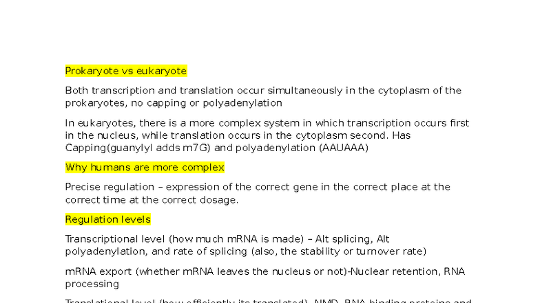RNA Summarized Notes: Prokaryote vs Eukaryote Transcription ...