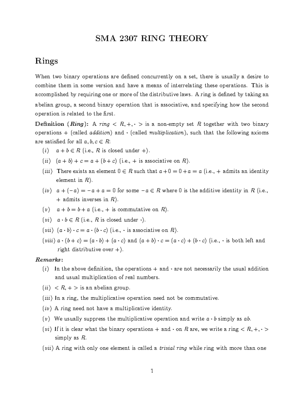 SMA 2307 Ring Theory: Comprehensive Study Notes 2 - Studocu