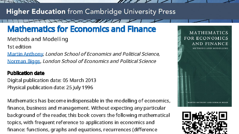 Mathematics for Economics and Finance: Methods & Modelling (1st Ed ...