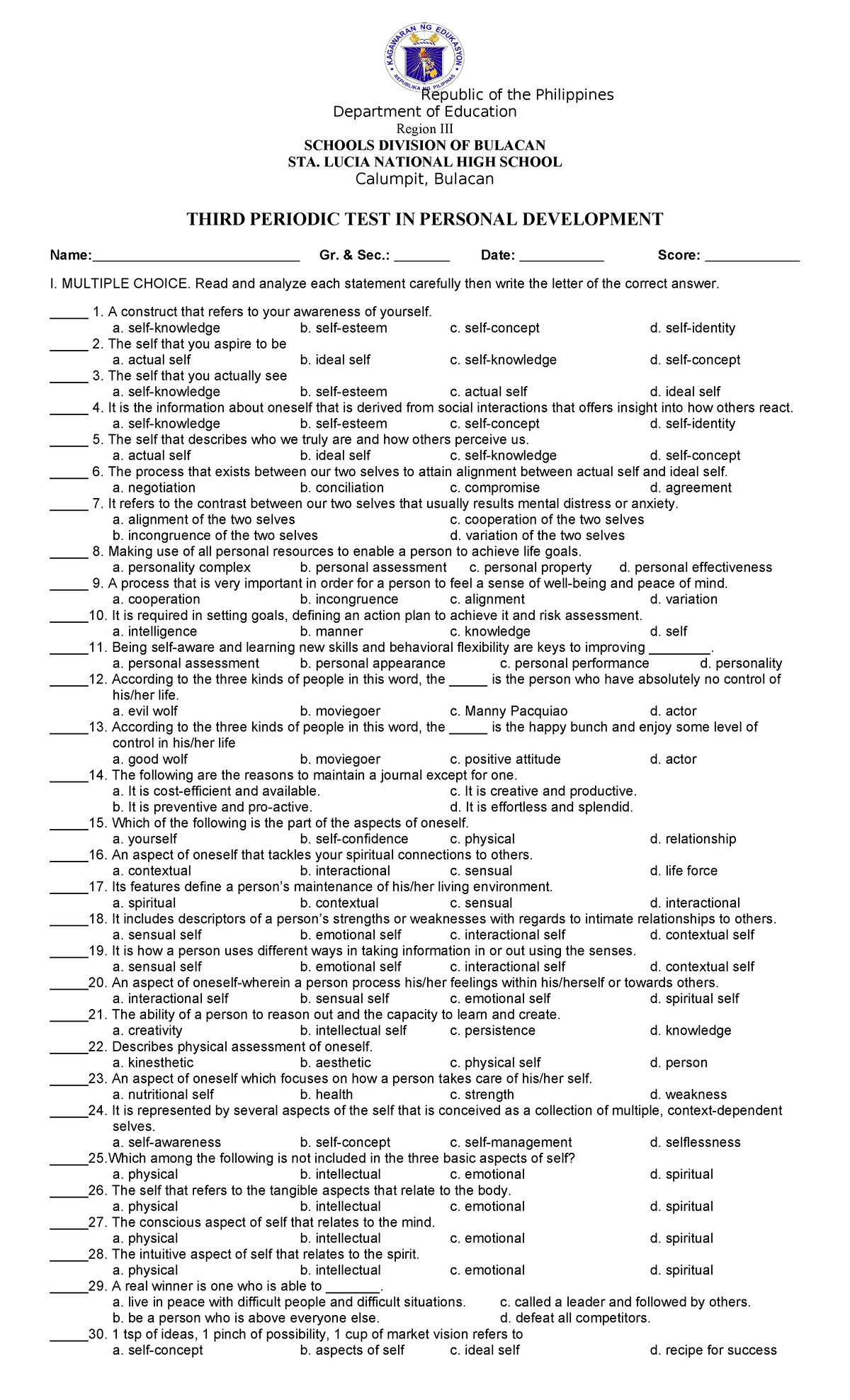 1st Quarterly Exam in Personal Development (Per Dev) with TOS - Studocu