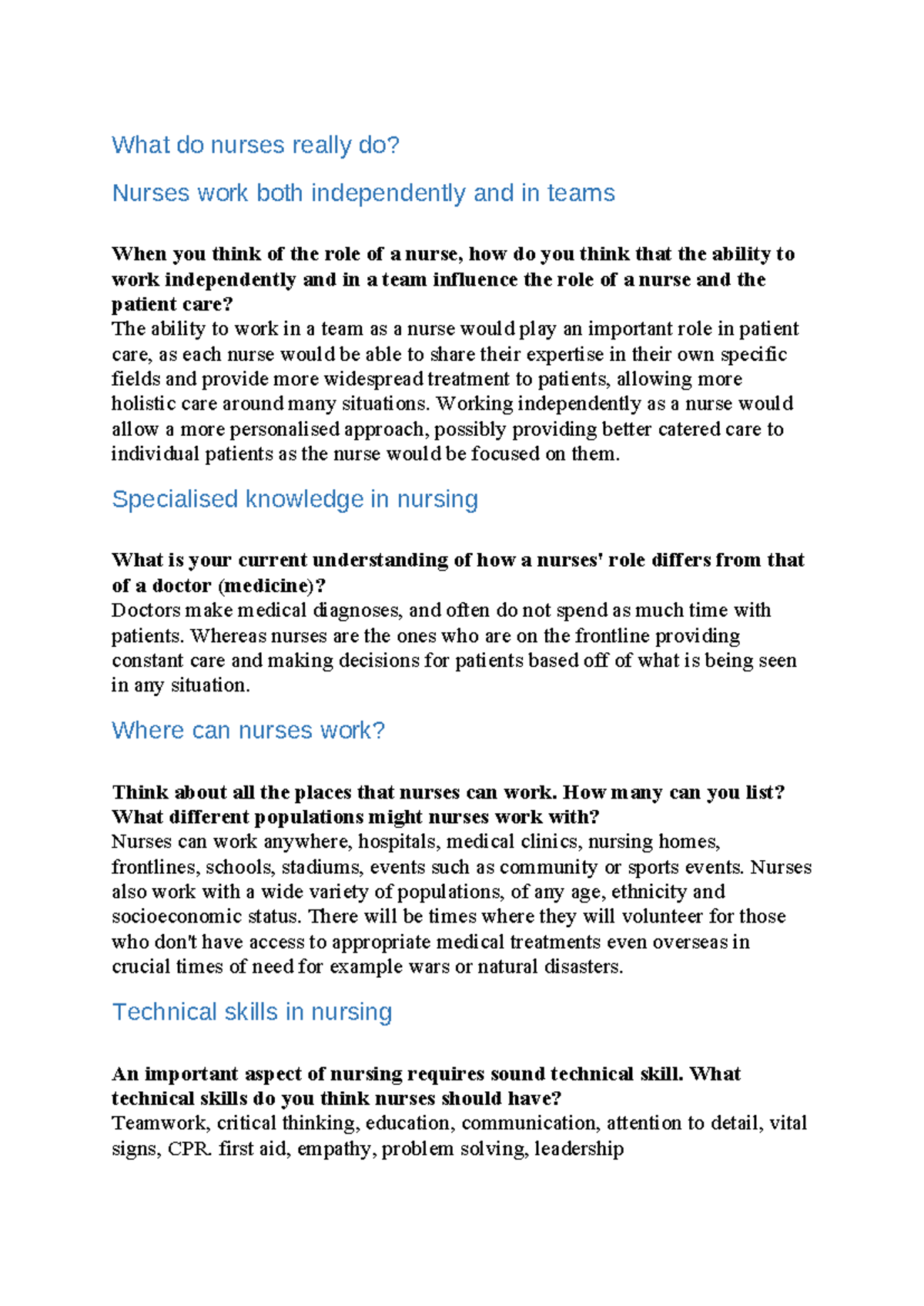 Nursing Roles and Responsibilities: Teamwork and Independence - Studocu