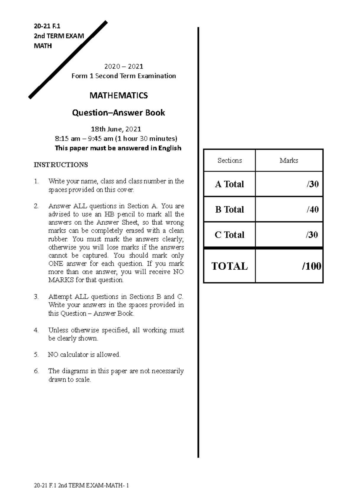F.1 2nd Term Exam Math 2020-2021 - Comprehensive Review - Studocu